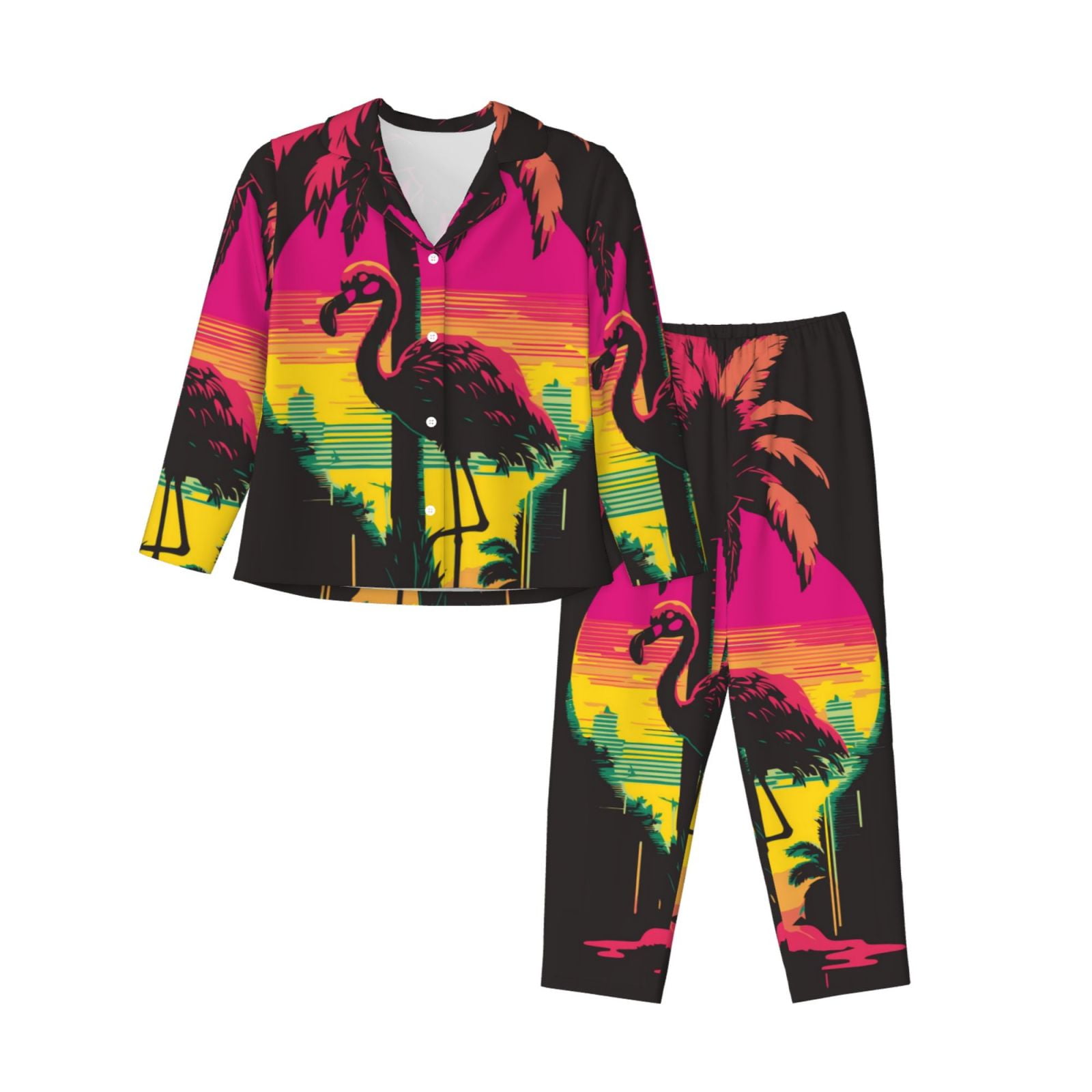 2 Piece Womens Pajama Sets - Flamingo And Palm Trees At Sunset Soft ...