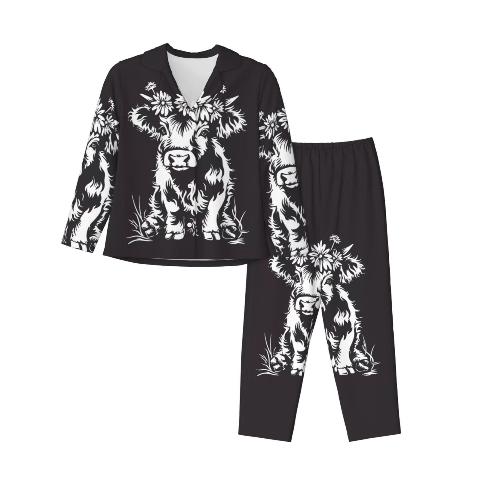 2 Piece Womens Pajama Sets - Floral Cow Silhouette Soft Sleepwear Comfy ...