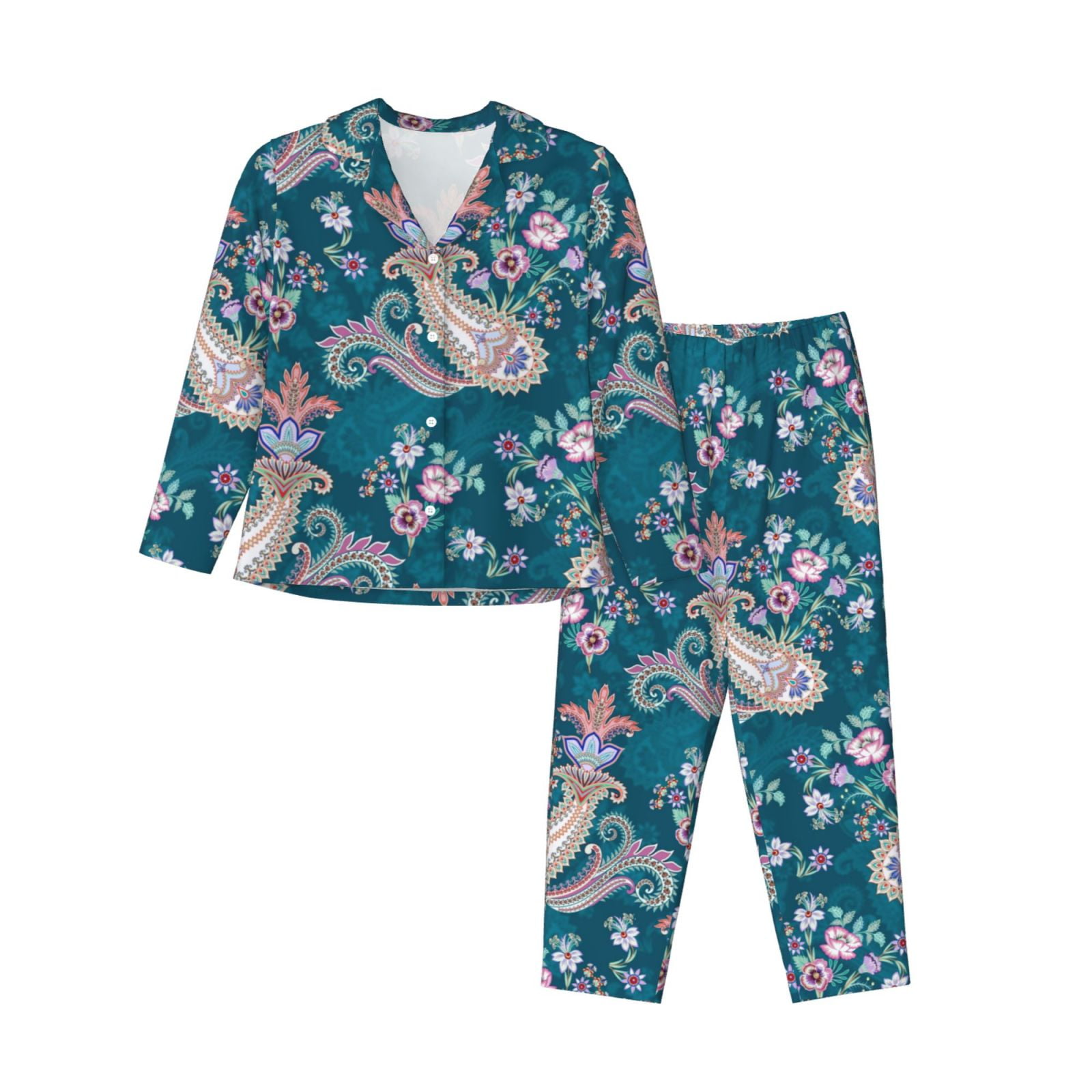 2 Piece Womens Pajama Sets - Floral Paisley Pattern Green Soft ...