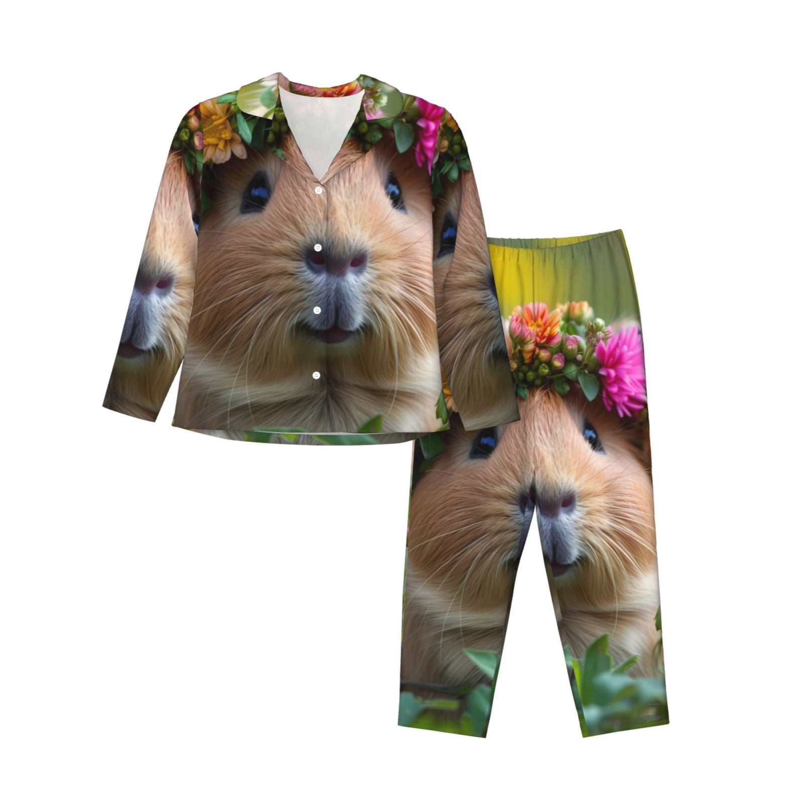 2 Piece Womens Pajama Sets - Flower Crown Guinea Pig Soft Sleepwear ...