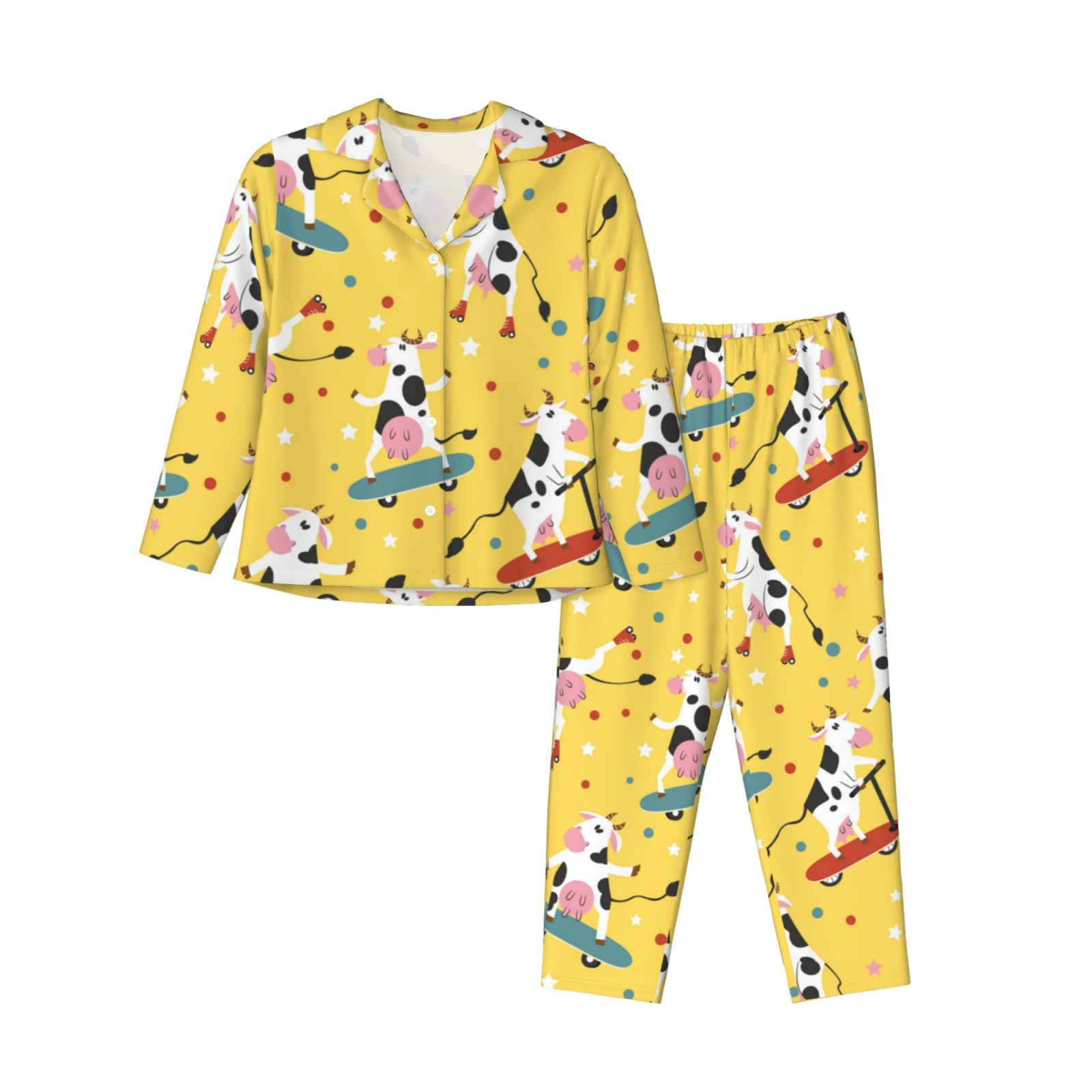2 Piece Womens Pajama Sets - Funny Cute Cow Skateboard Cartoon Soft ...