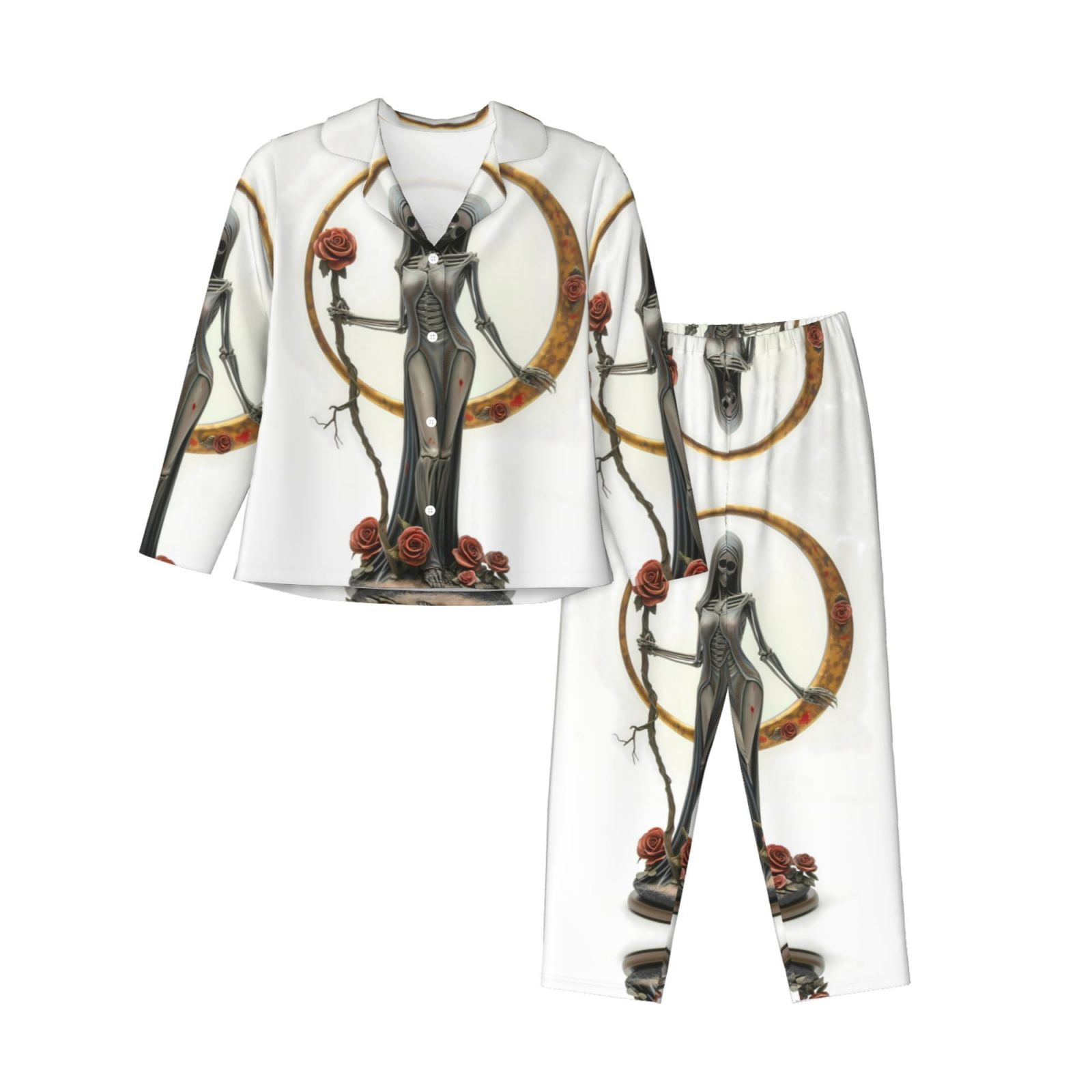 2 Piece Womens Pajama Sets - Gothic Skeleton With Roses Soft Sleepwear ...