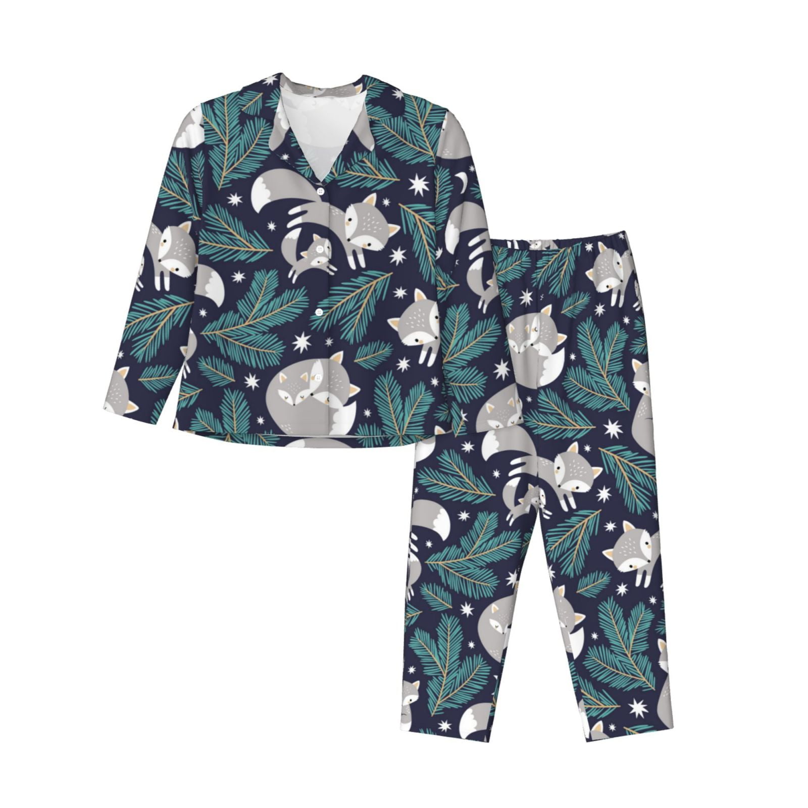 2 Piece Womens Pajama Sets - Gray Fox Green Leaf Soft Sleepwear Comfy ...