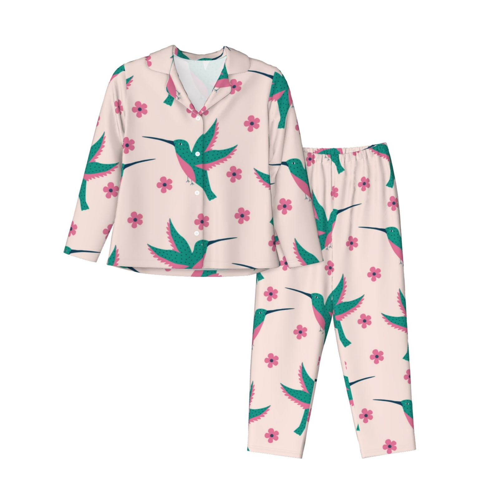 2 Piece Womens Pajama Sets - Green Hummingbird Pink Flower Soft ...