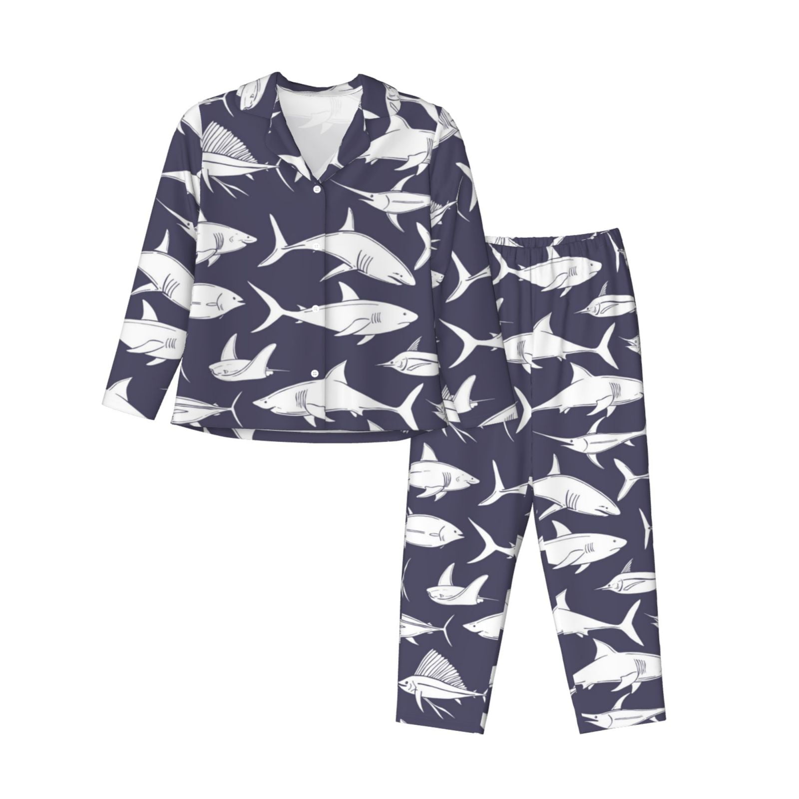 2 Piece Womens Pajama Sets - Hand drawn fish sharks cool Soft Sleepwear ...