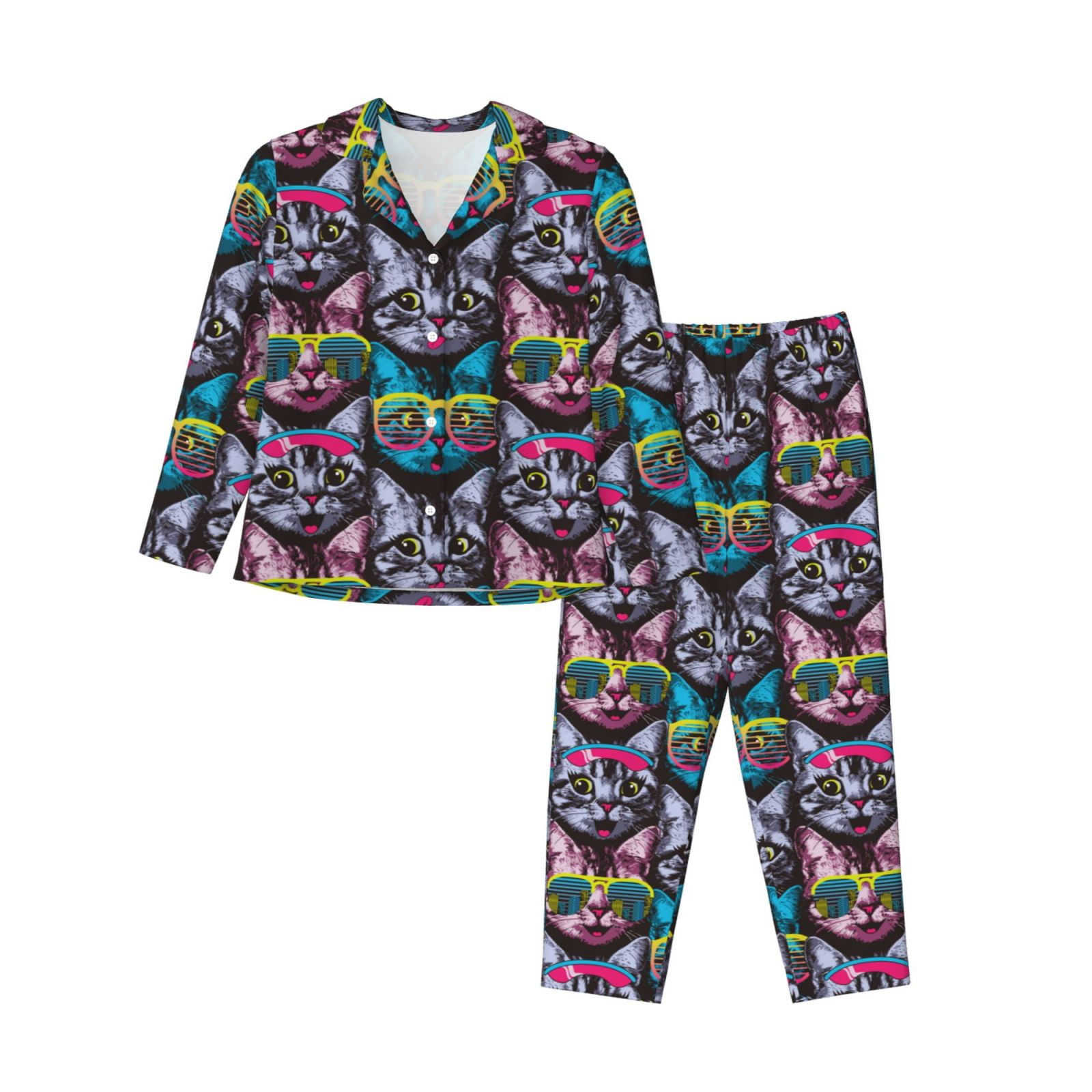 2 Piece Womens Pajama Sets - Happy Kitten Faces Soft Sleepwear Comfy ...