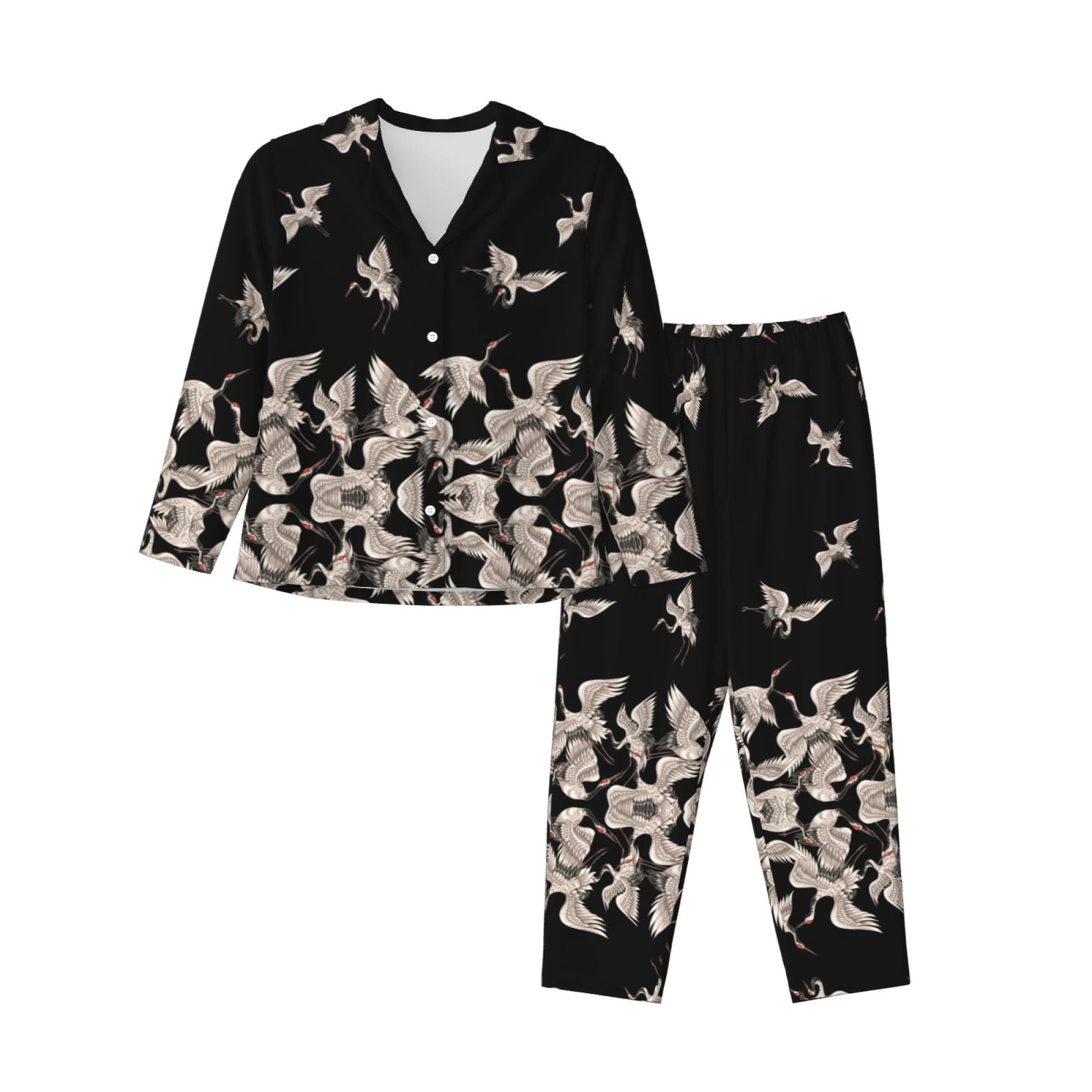 2 Piece Womens Pajama Sets - Japanese White Crane Soft Sleepwear Comfy ...