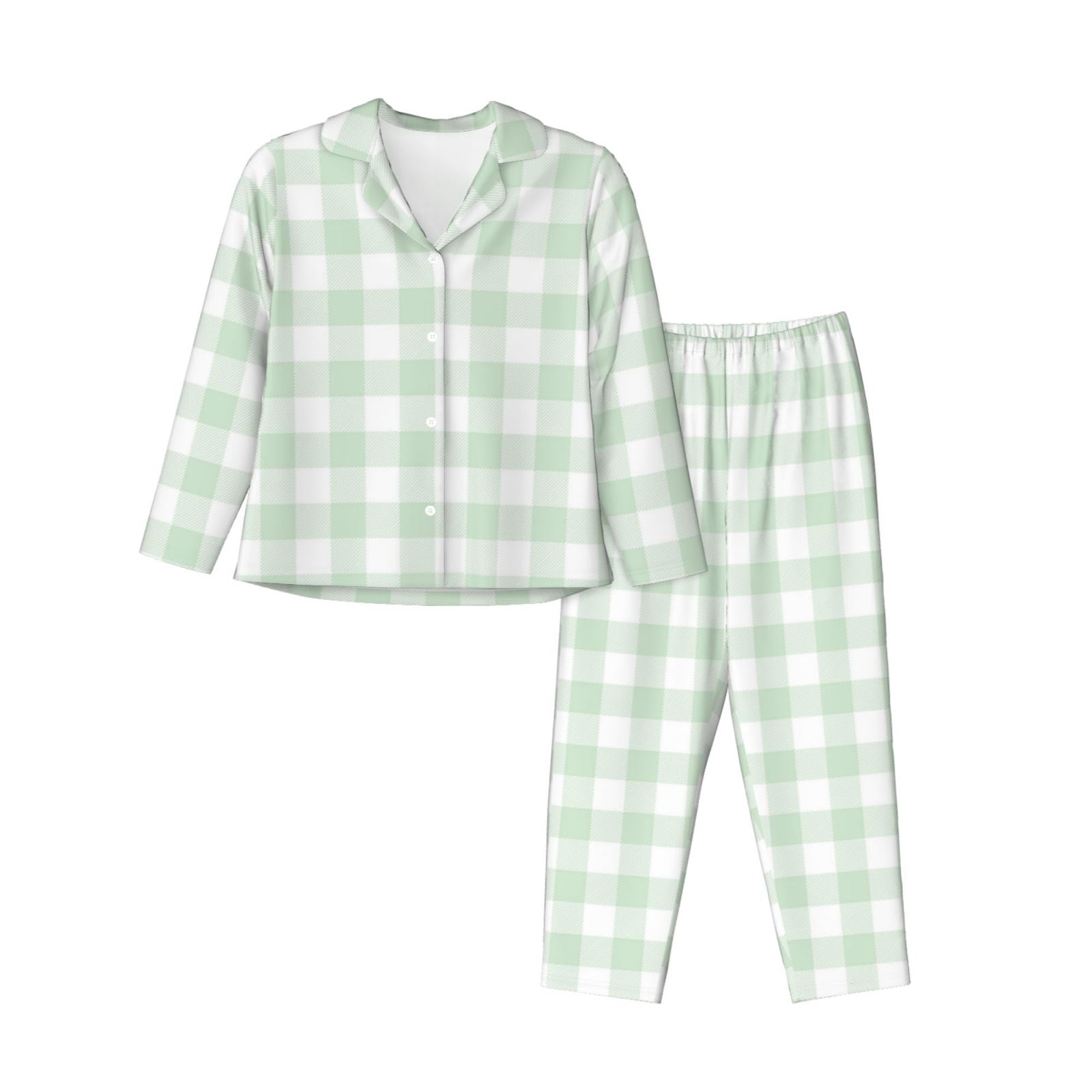 2 Piece Womens Pajama Sets - Light green white Checkered Soft Sleepwear ...