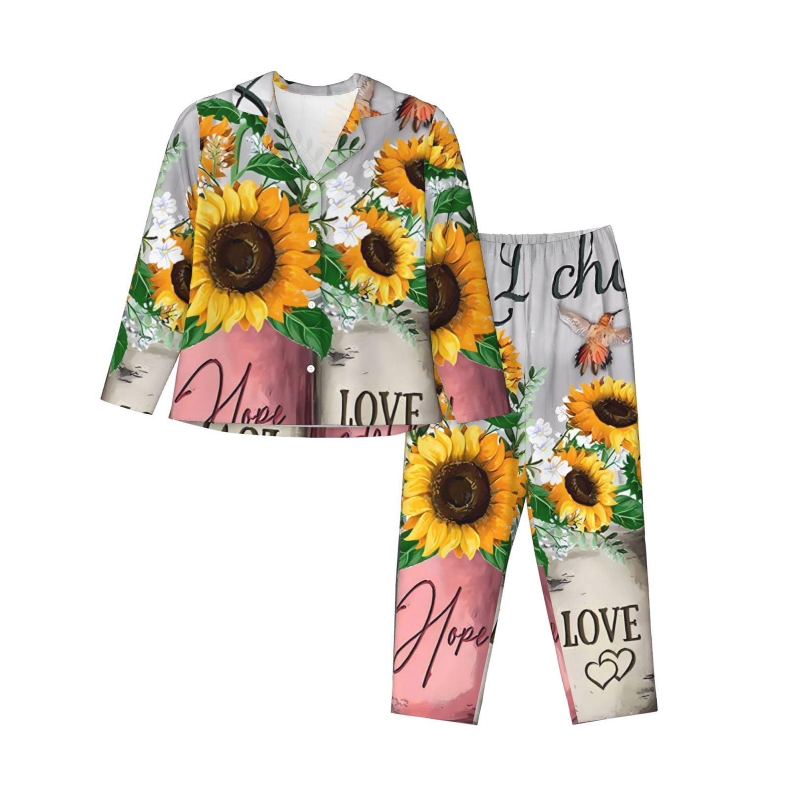 2 Piece Womens Pajama Sets - Love Sunflower Hummingbird Soft Sleepwear ...