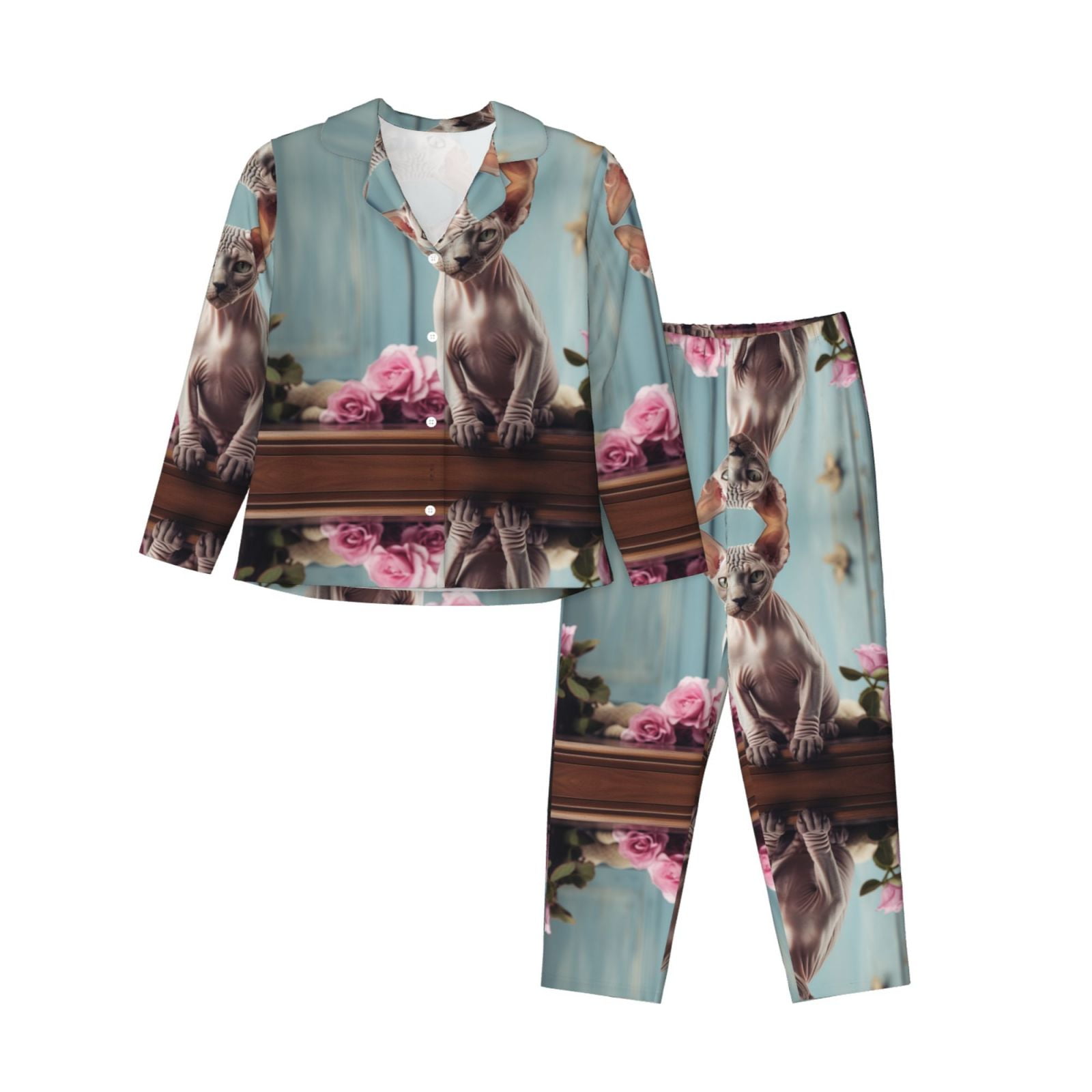 2 Piece Womens Pajama Sets - Modern Flower Hairless Cat Soft Sleepwear ...
