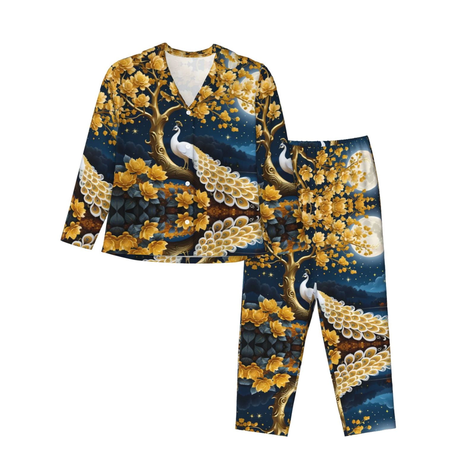2 Piece Womens Pajama Sets - Moonlit Golden Tree Peacock Soft Sleepwear ...