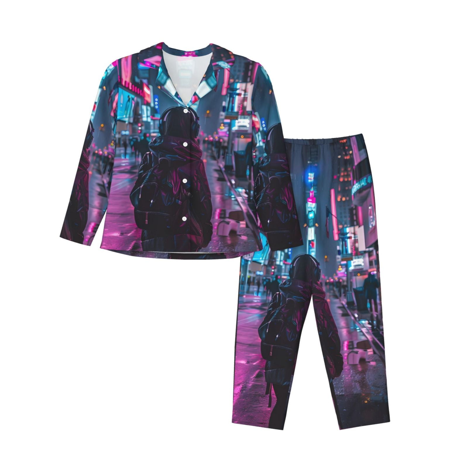 2 Piece Womens Pajama Sets - Neon Night Cityscape Soft Sleepwear Comfy ...