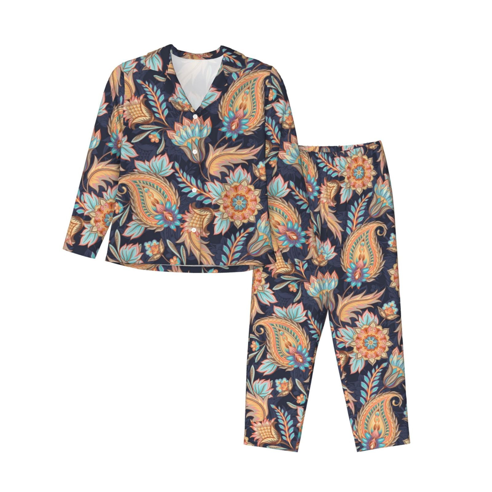2 Piece Womens Pajama Sets - Orange Flower Paisley Soft Sleepwear Comfy ...