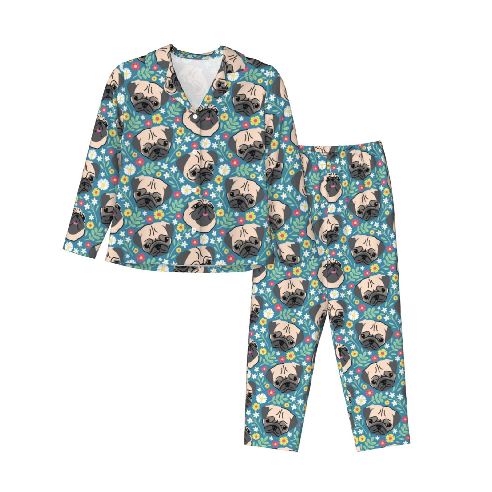 2 Piece Womens Pajama Sets - PUG HEAD And Flower Soft Sleepwear Comfy ...