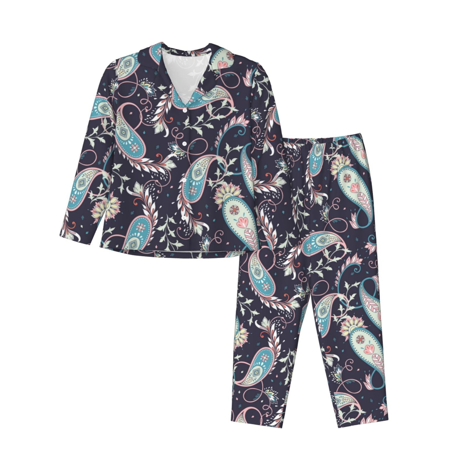 2 Piece Womens Pajama Sets - Pink Blue Black Paisley Soft Sleepwear ...