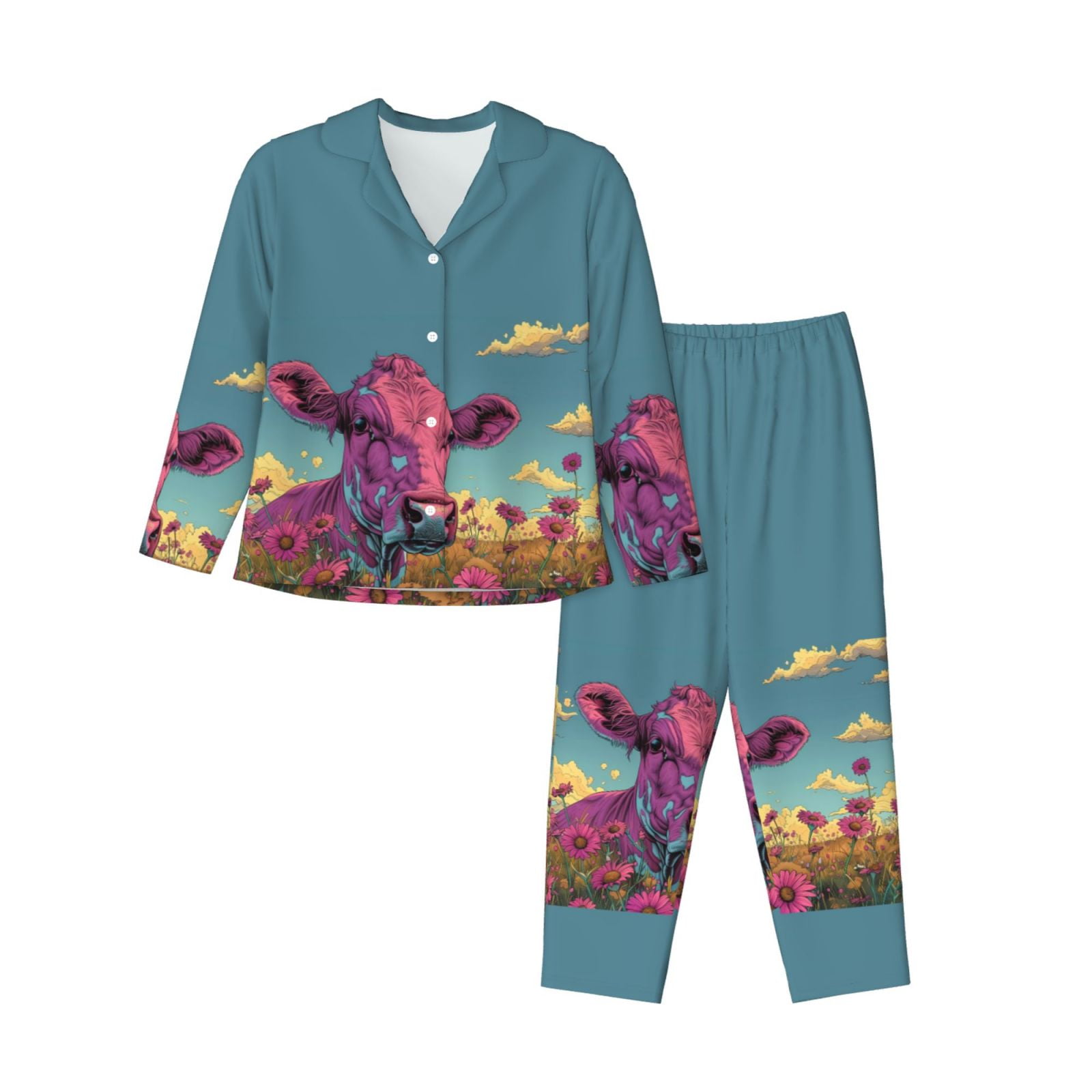 2 Piece Womens Pajama Sets - Pink Cow In Sunflower Field Soft Sleepwear ...