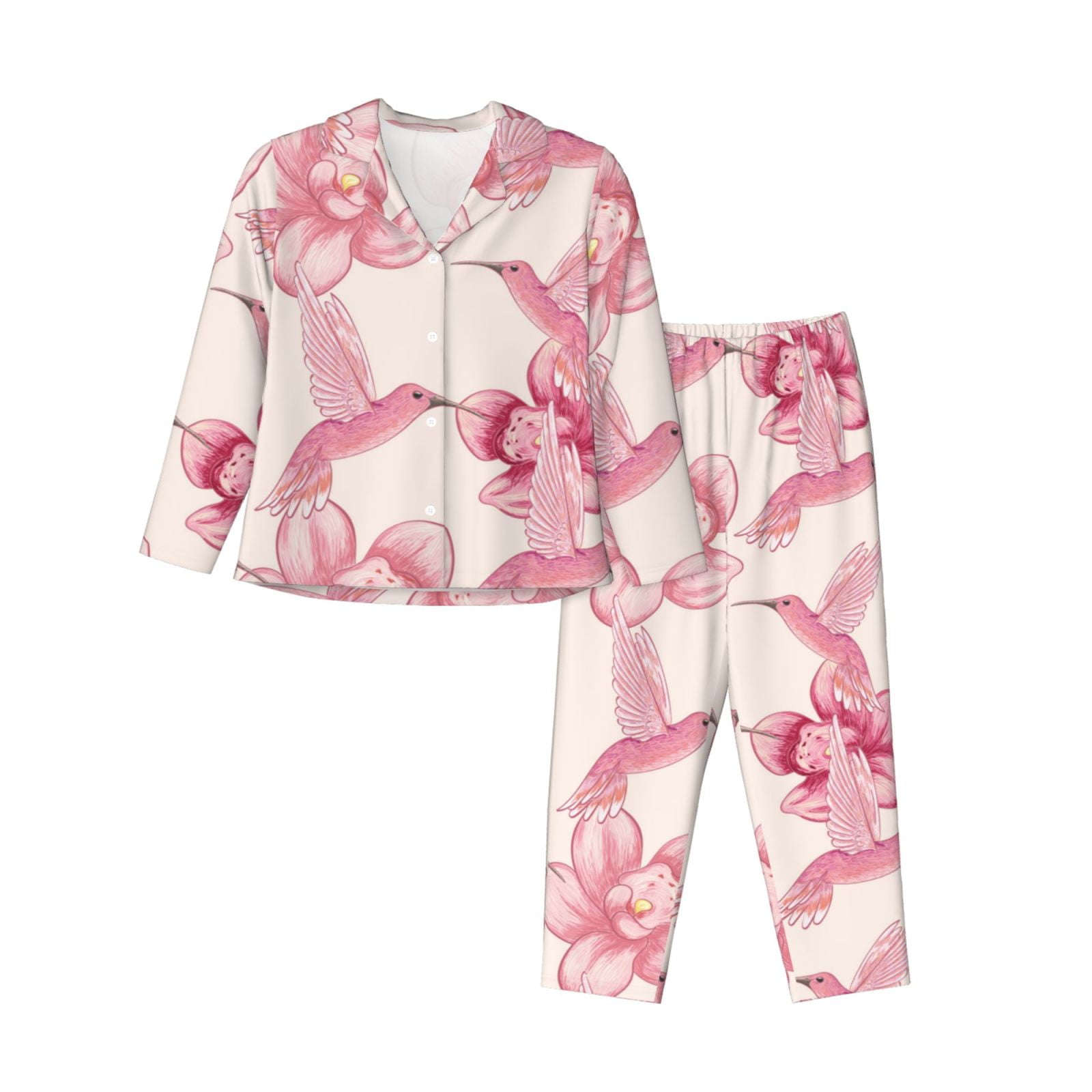 2 Piece Womens Pajama Sets - Pink Hummingbird Flower Soft Sleepwear ...