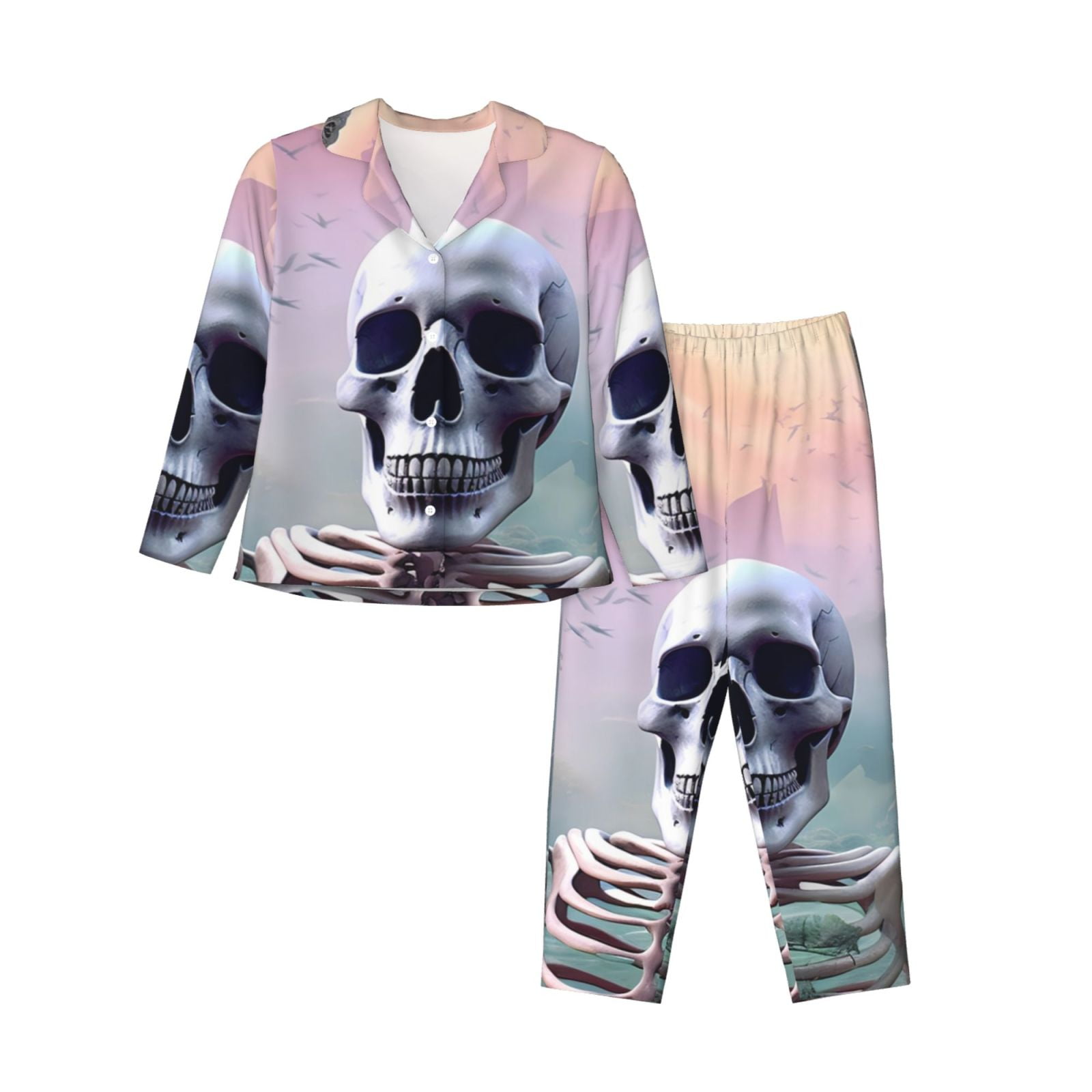 2 Piece Womens Pajama Sets - Pink Mist Sunflower Skull Soft Sleepwear ...