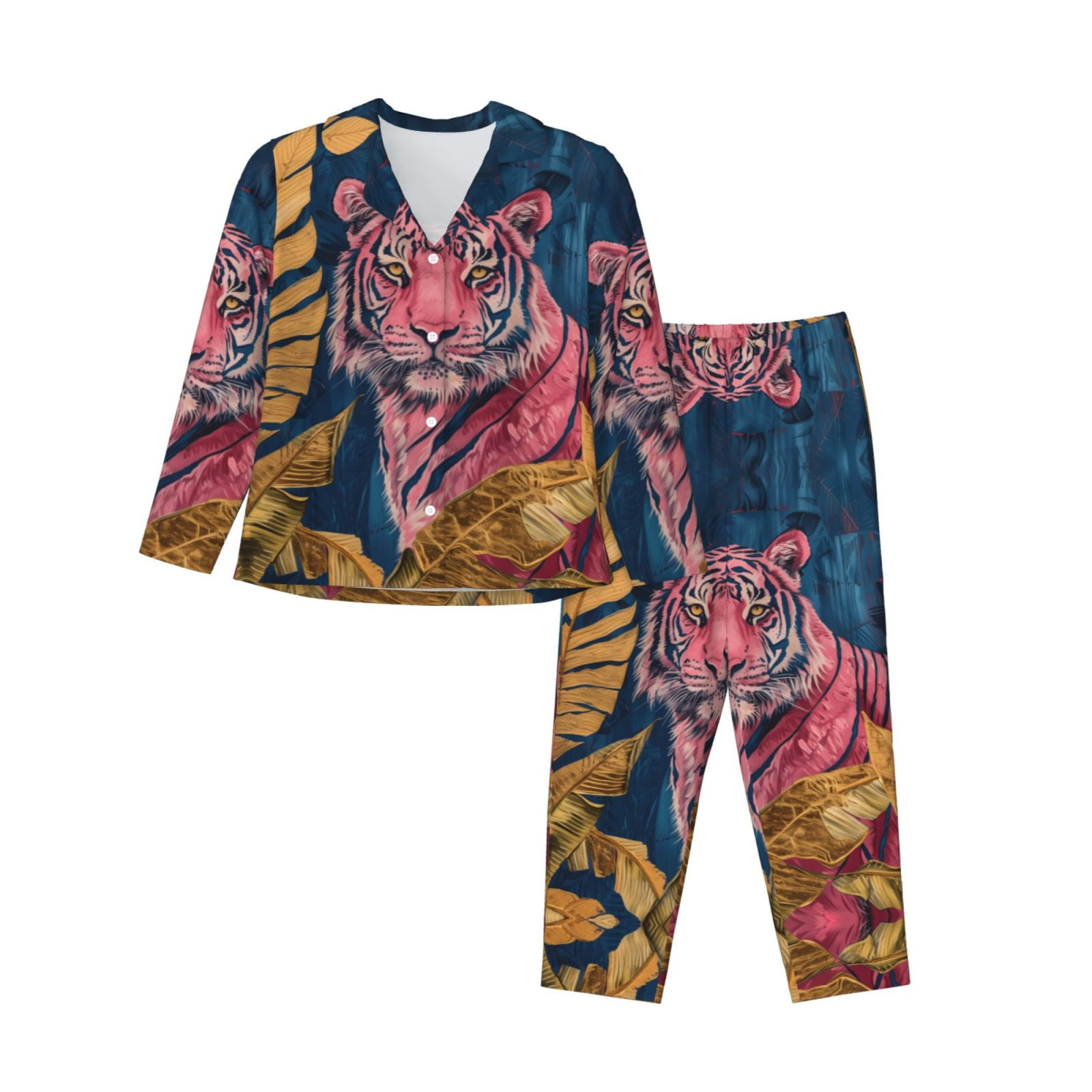 2 Piece Womens Pajama Sets - Pink Tiger Gold Leaves Soft Sleepwear ...