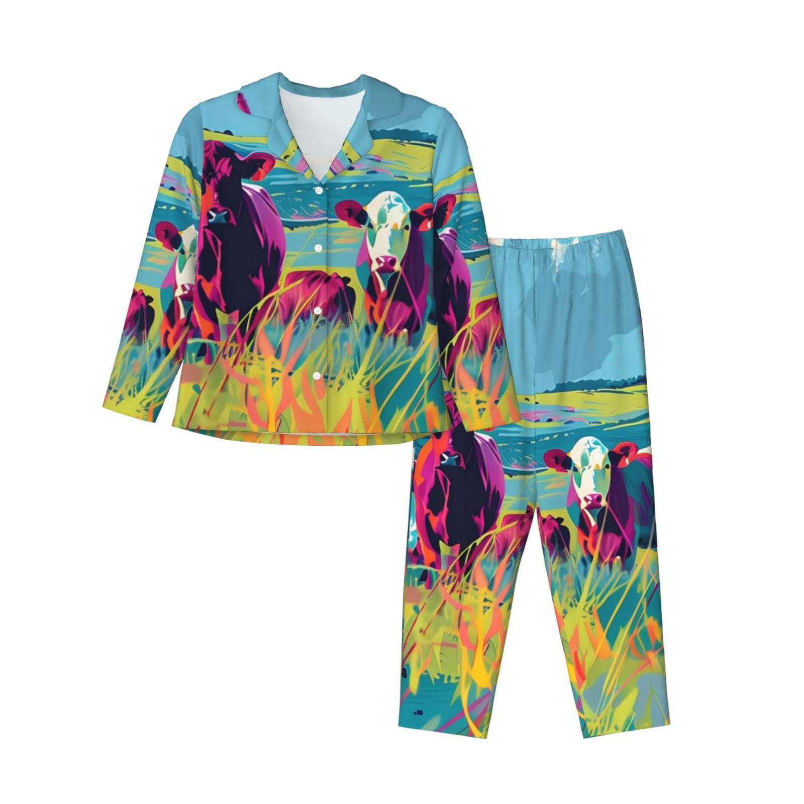 2 Piece Womens Pajama Sets - Pop Art Colorful Cows Soft Sleepwear Comfy ...