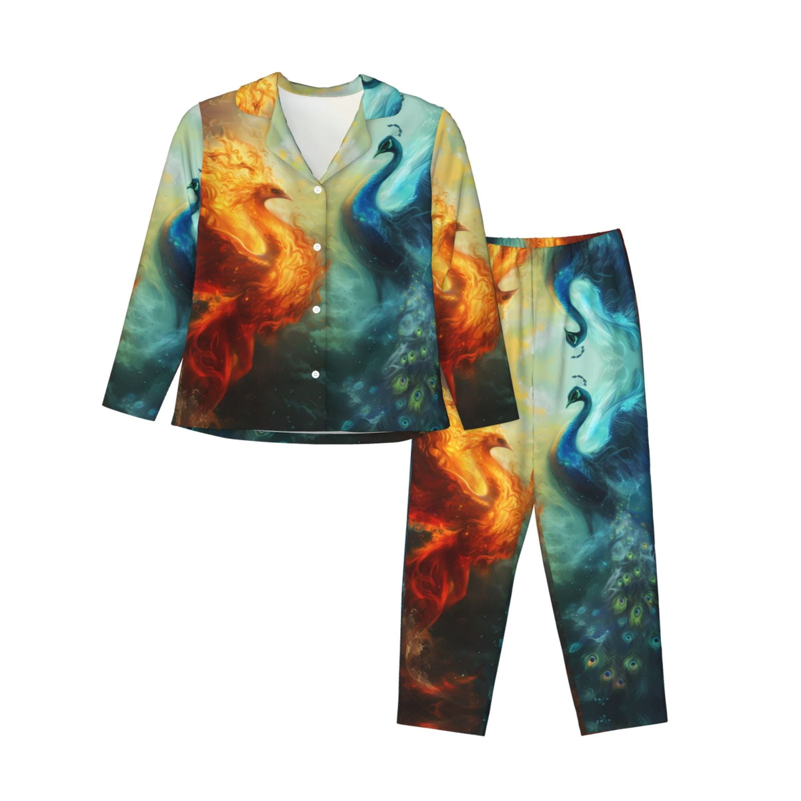 2 Piece Womens Pajama Sets - Red and Blue Fire Peacock Soft Sleepwear ...