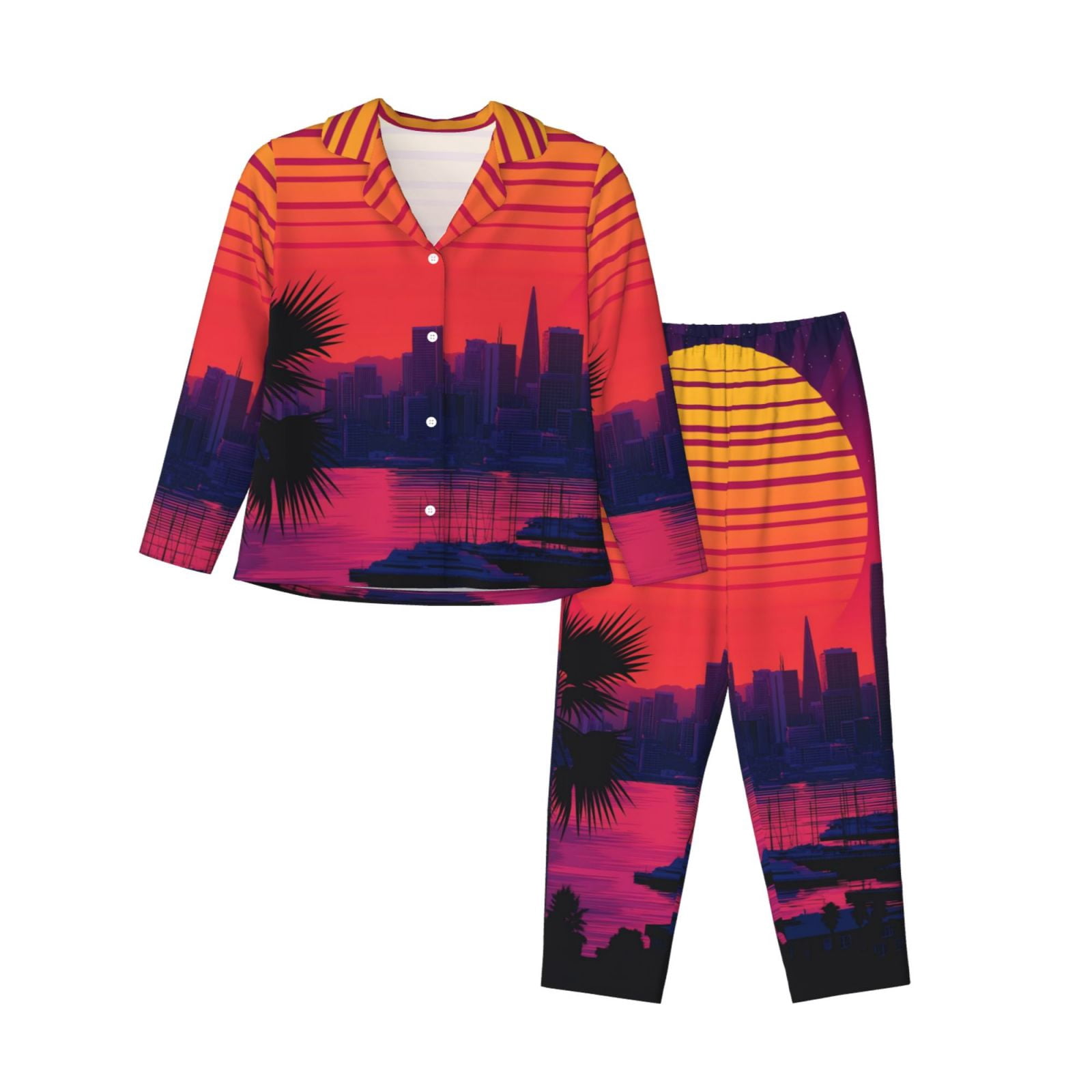 2 Piece Womens Pajama Sets - Retro Sunset Cityscape Soft Sleepwear ...