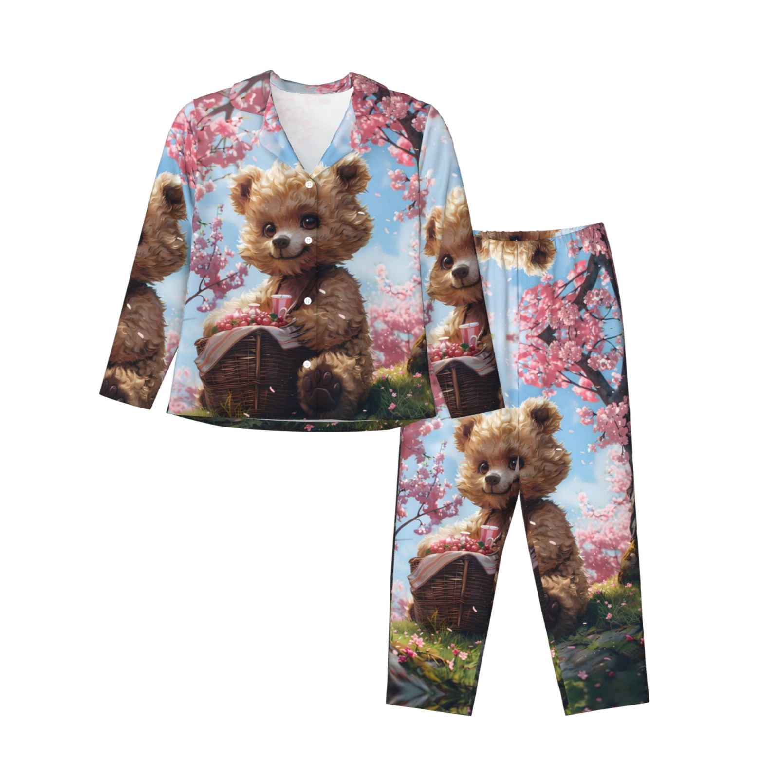 2 Piece Womens Pajama Sets - Romantic Pink Floral Bear Soft Sleepwear ...