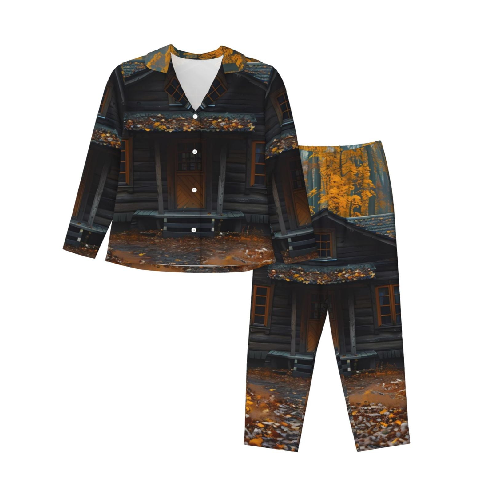 2 Piece Womens Pajama Sets - Rustic Cabin Autumn Forest Soft Sleepwear ...