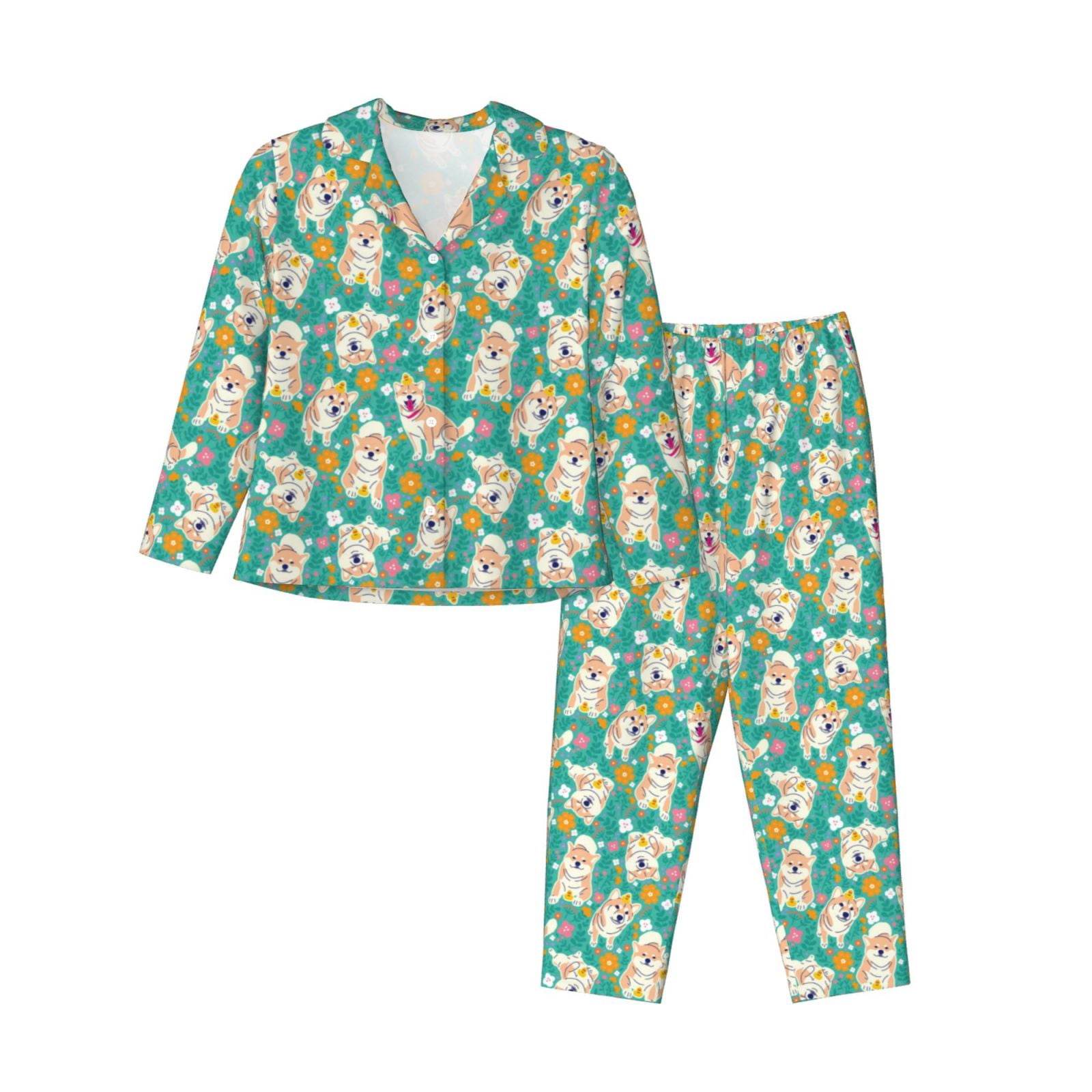 2 Piece Womens Pajama Sets - SHIBA WITH FLORAL Soft Sleepwear Comfy ...