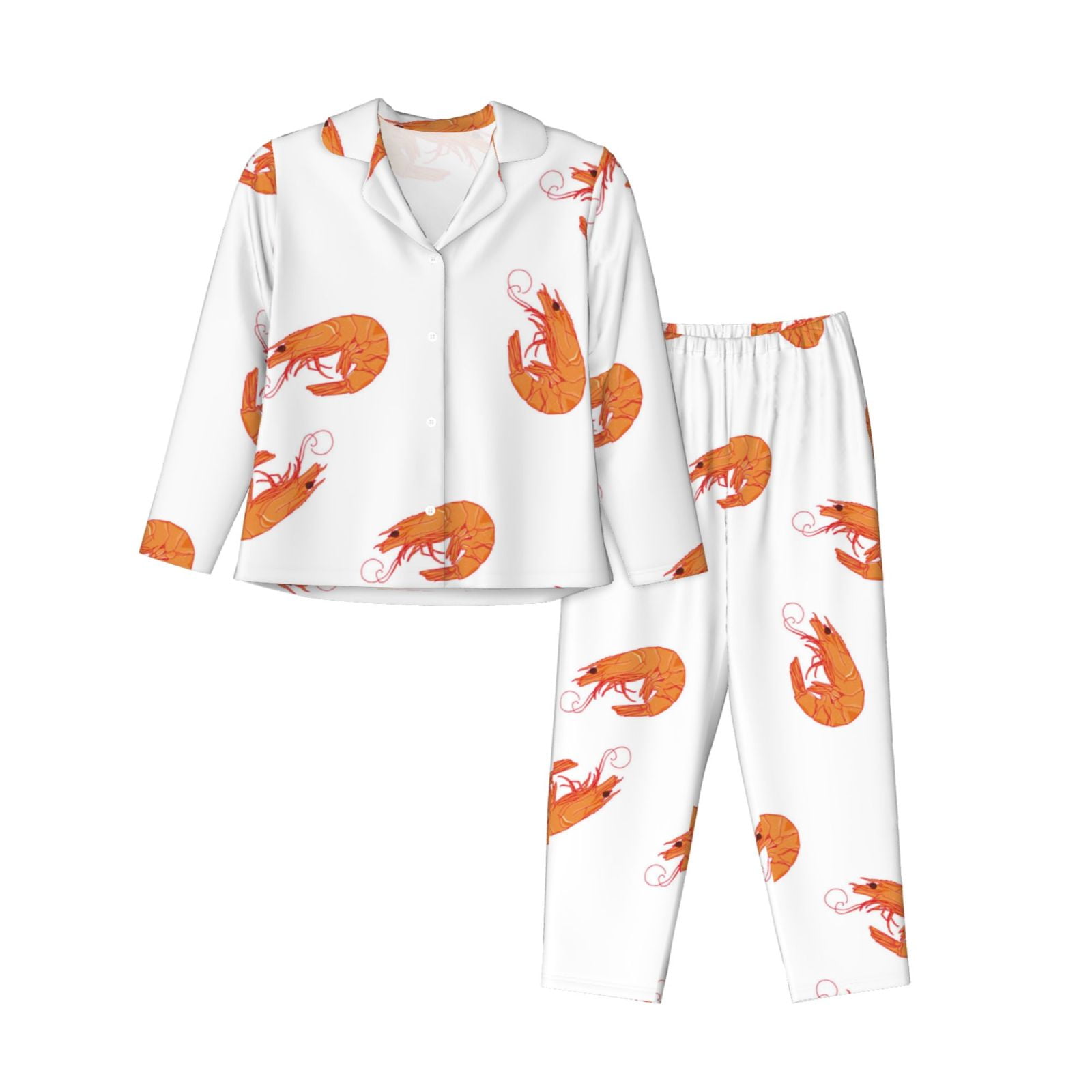 2 Piece Womens Pajama Sets - Simple Orange Shrimp Print White Soft ...