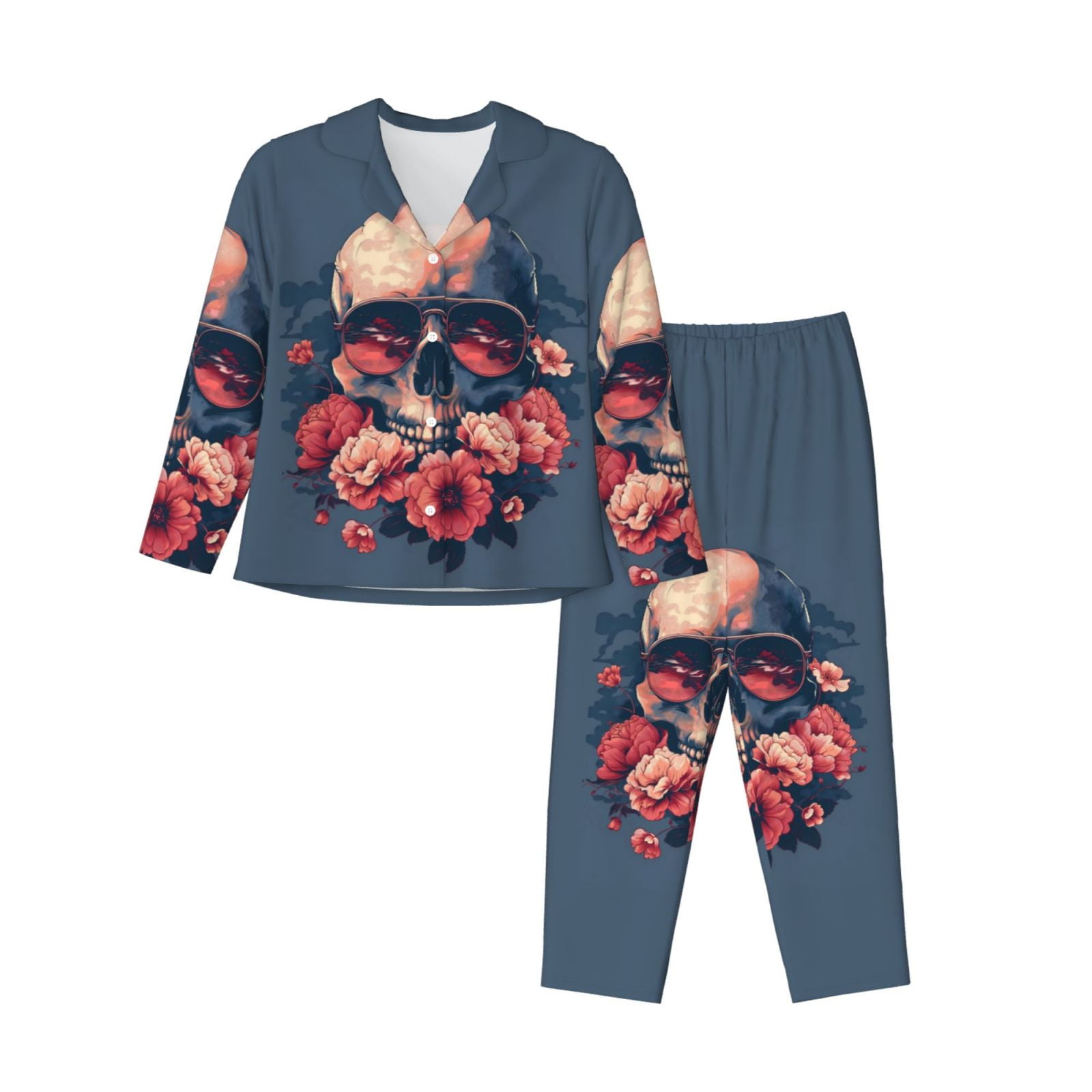 2 Piece Womens Pajama Sets - Skull With Roses And Sunglasses Soft ...