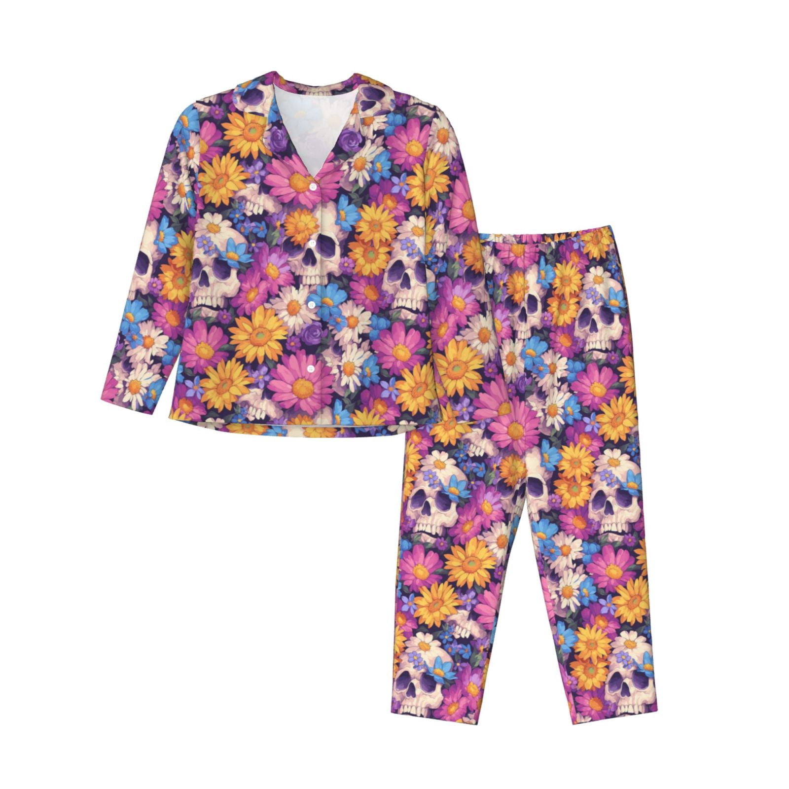 2 Piece Womens Pajama Sets - Skull daisy flower Soft Sleepwear Comfy ...