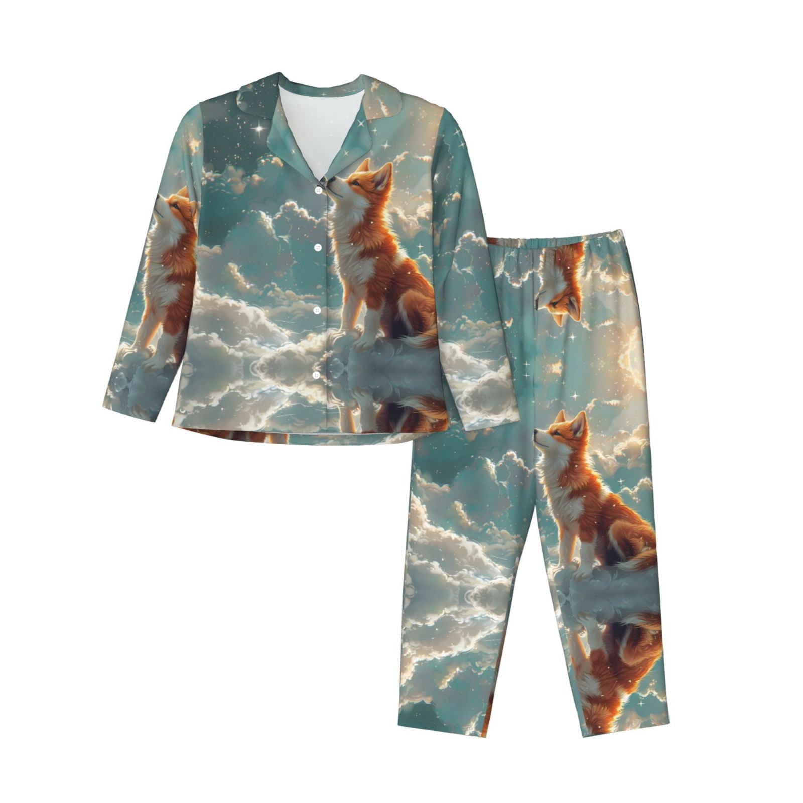 2 Piece Womens Pajama Sets - Starry Sky Cloud Fox Soft Sleepwear Comfy ...