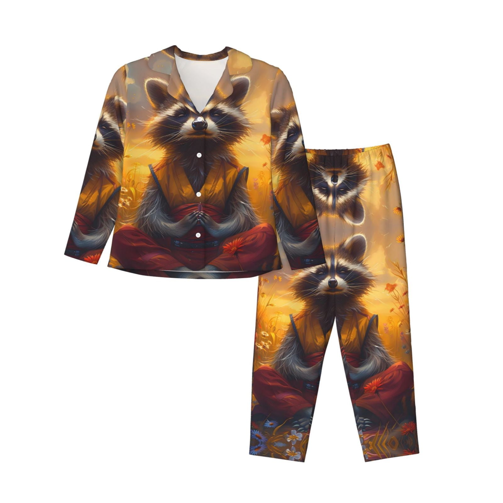 2 Piece Womens Pajama Sets - Sunset Flower Meditating Raccoon Soft ...