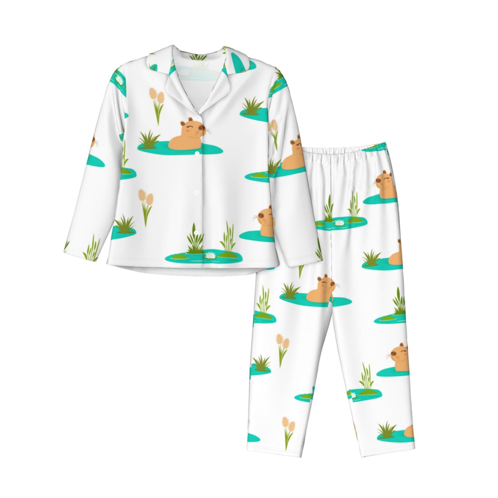 2 Piece Womens Pajama Sets - Swim Cute Capybaras Soft Sleepwear Comfy ...
