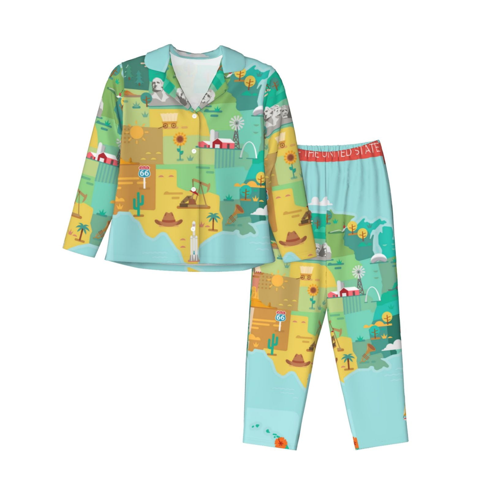 2 Piece Womens Pajama Sets - USA Tourist Map Famous Landmarks Soft ...