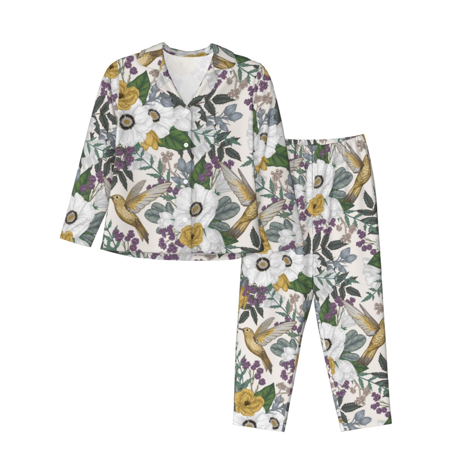 2 Piece Womens Pajama Sets - Vintage Hummingbird Flower Soft Sleepwear ...