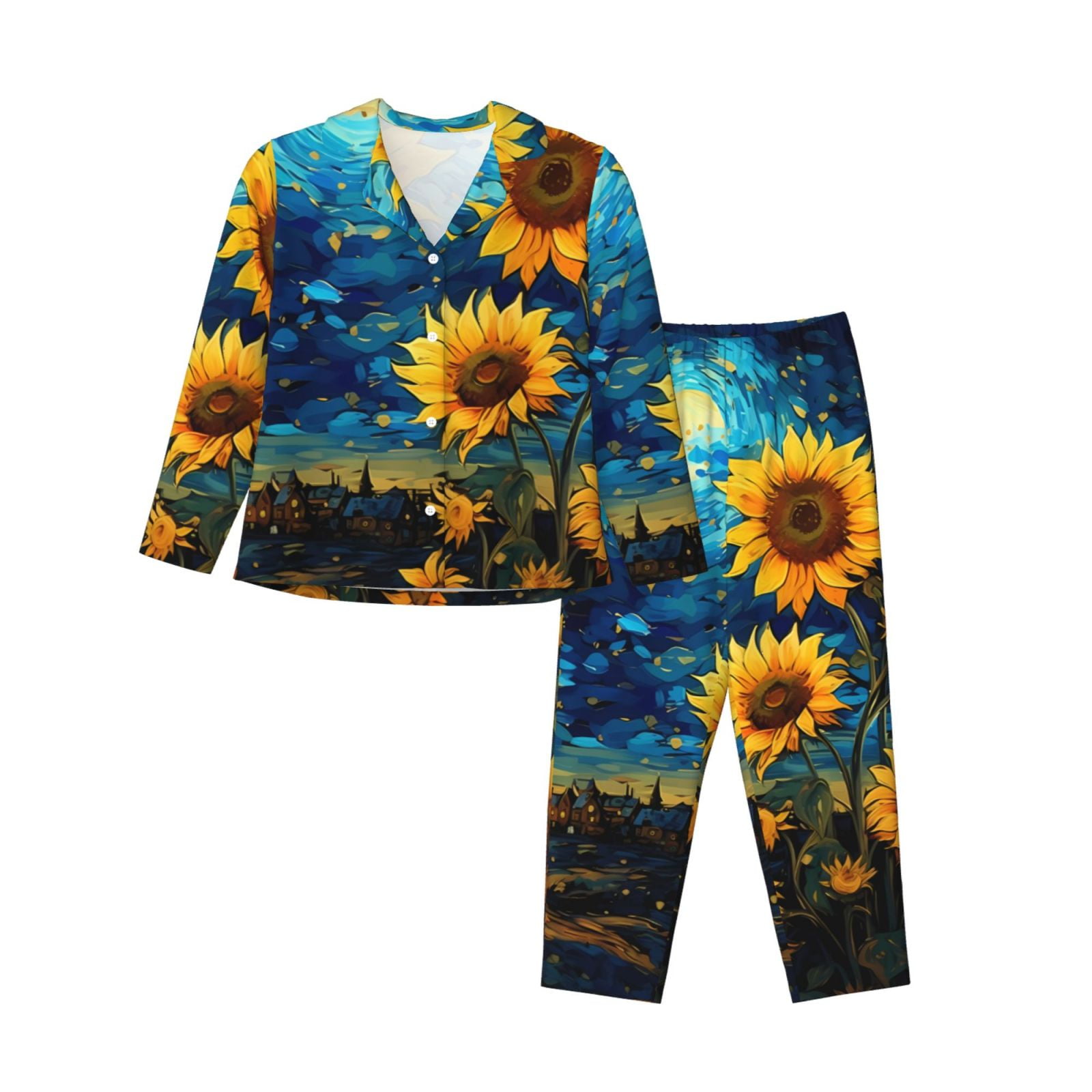 2 Piece Womens Pajama Sets - Vintage Starry Sky Sunflower Soft ...