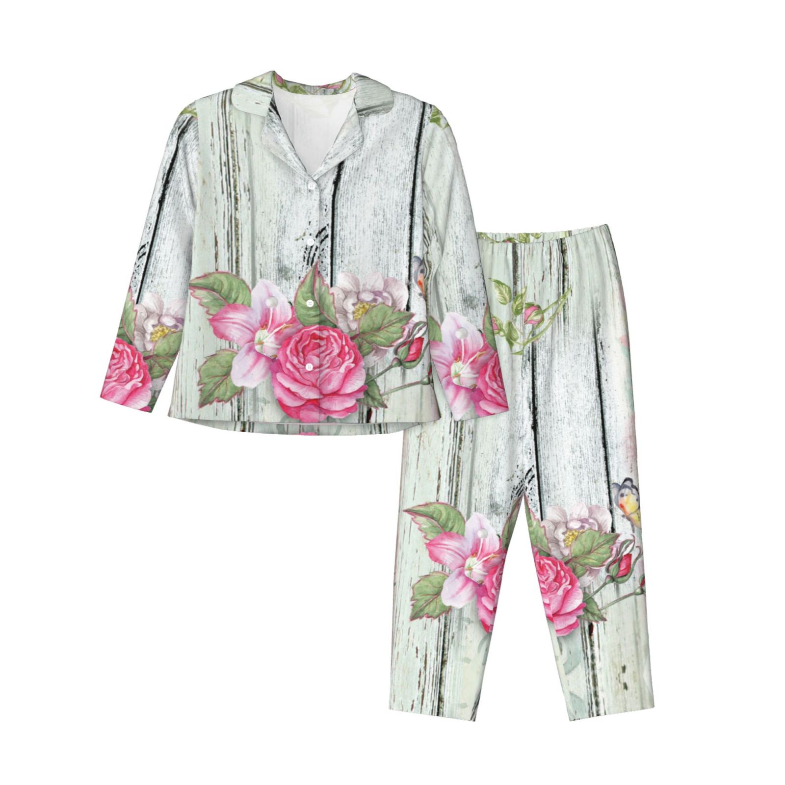 2 Piece Womens Pajama Sets - Vintage Wood with Floral Soft Sleepwear ...