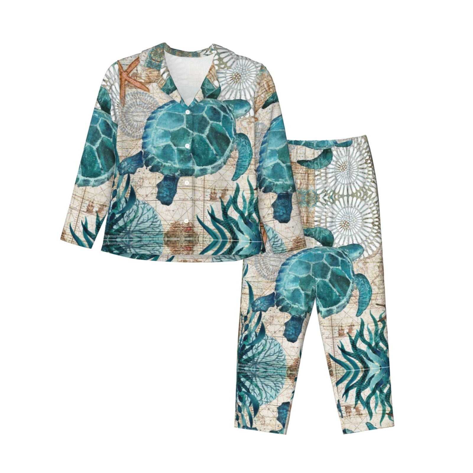 2 Piece Womens Pajama Sets - Watercolor Sea Turtle Soft Sleepwear Comfy ...