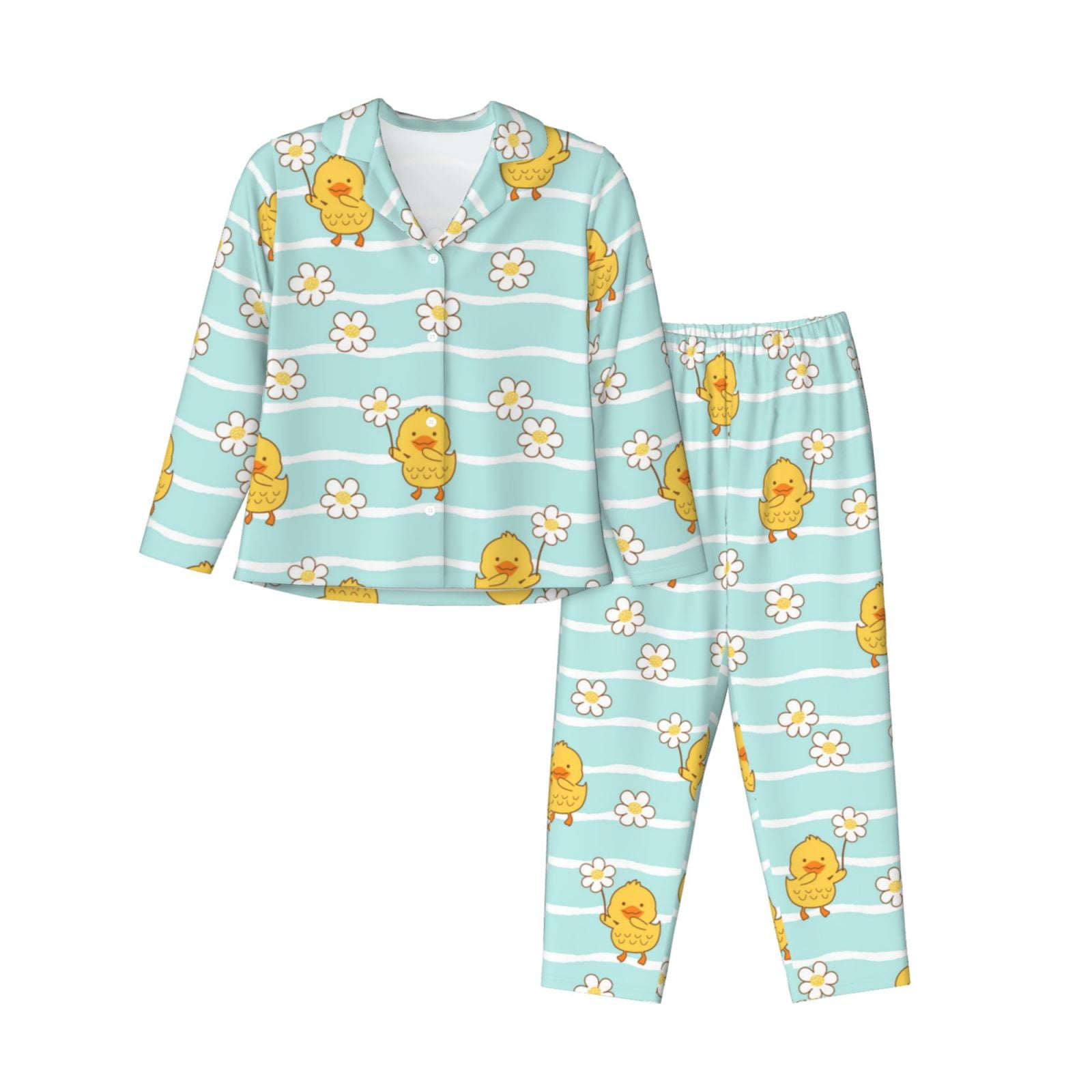 2 Piece Womens Pajama Sets - Wavy Pattern Cute Duck Daisy Soft ...