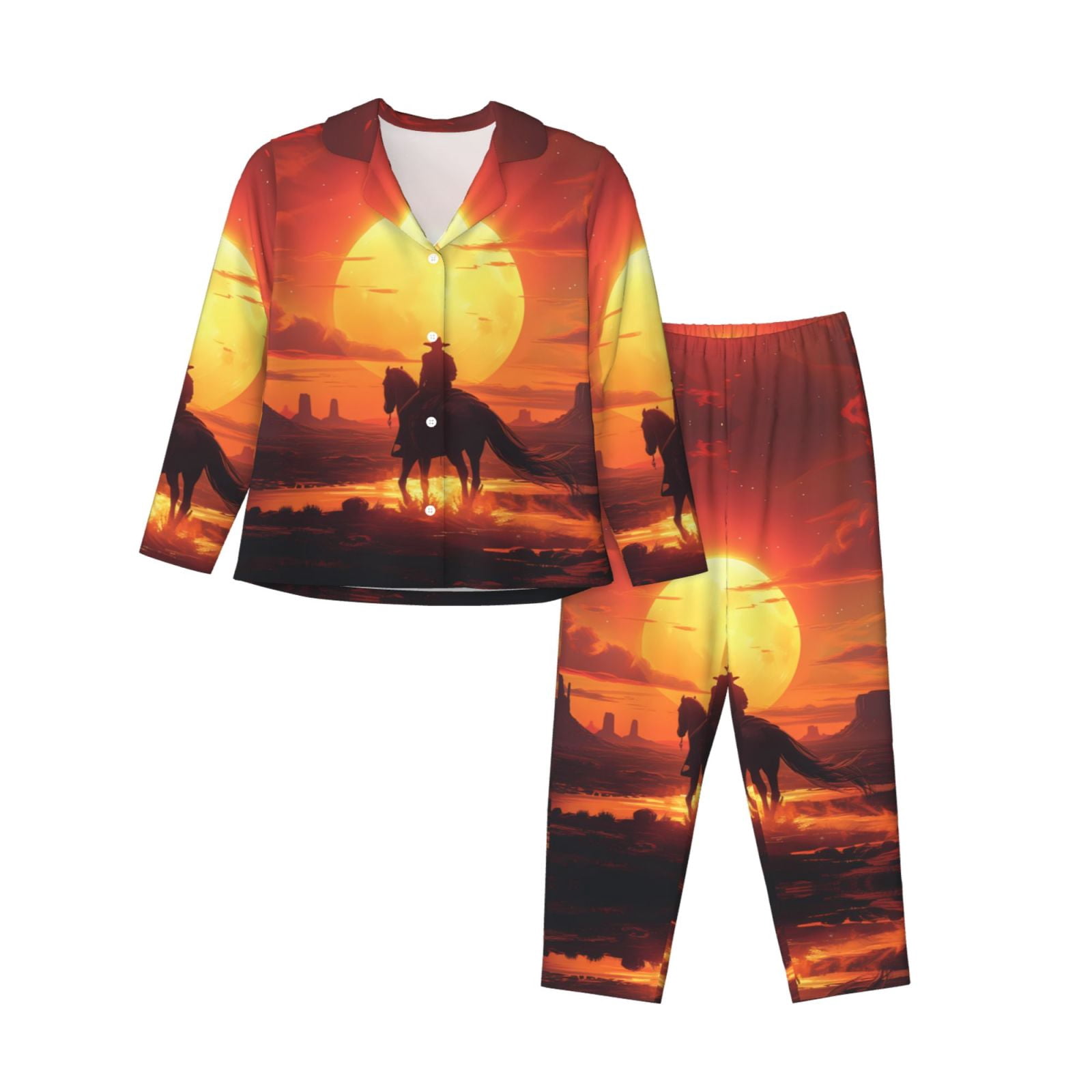 2 Piece Womens Pajama Sets - Western Cowboy Sunset Soft Sleepwear Comfy ...