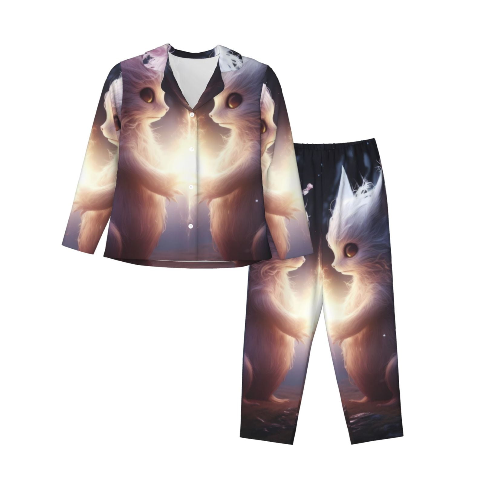 2 Piece Womens Pajama Sets - White and Pink Fox Couple Soft Sleepwear ...