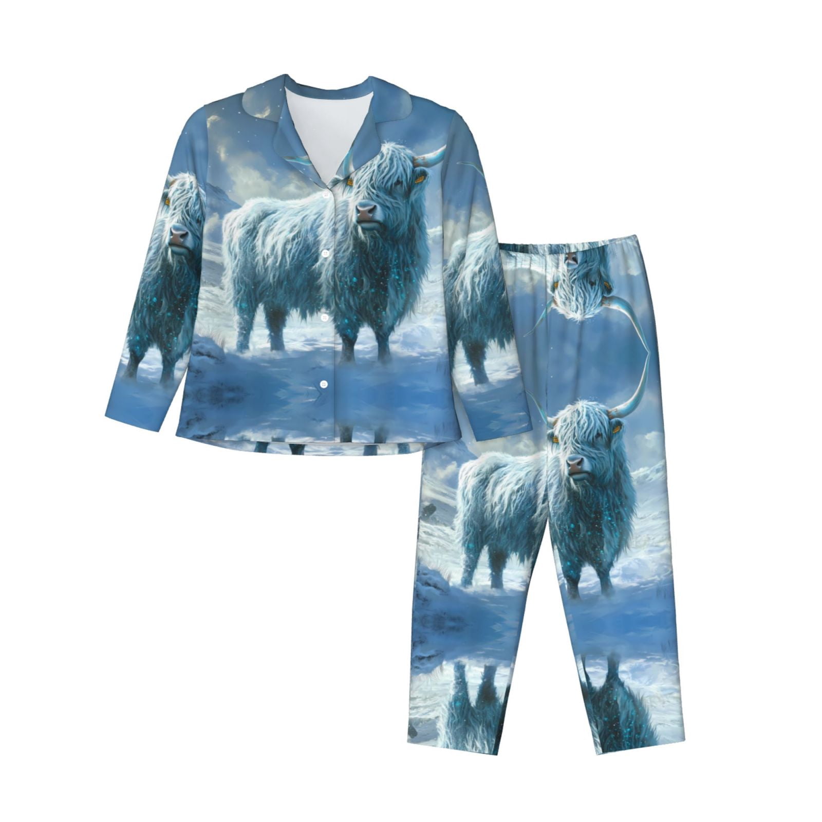 2 Piece Womens Pajama Sets - White cute cow in snow Soft Sleepwear ...
