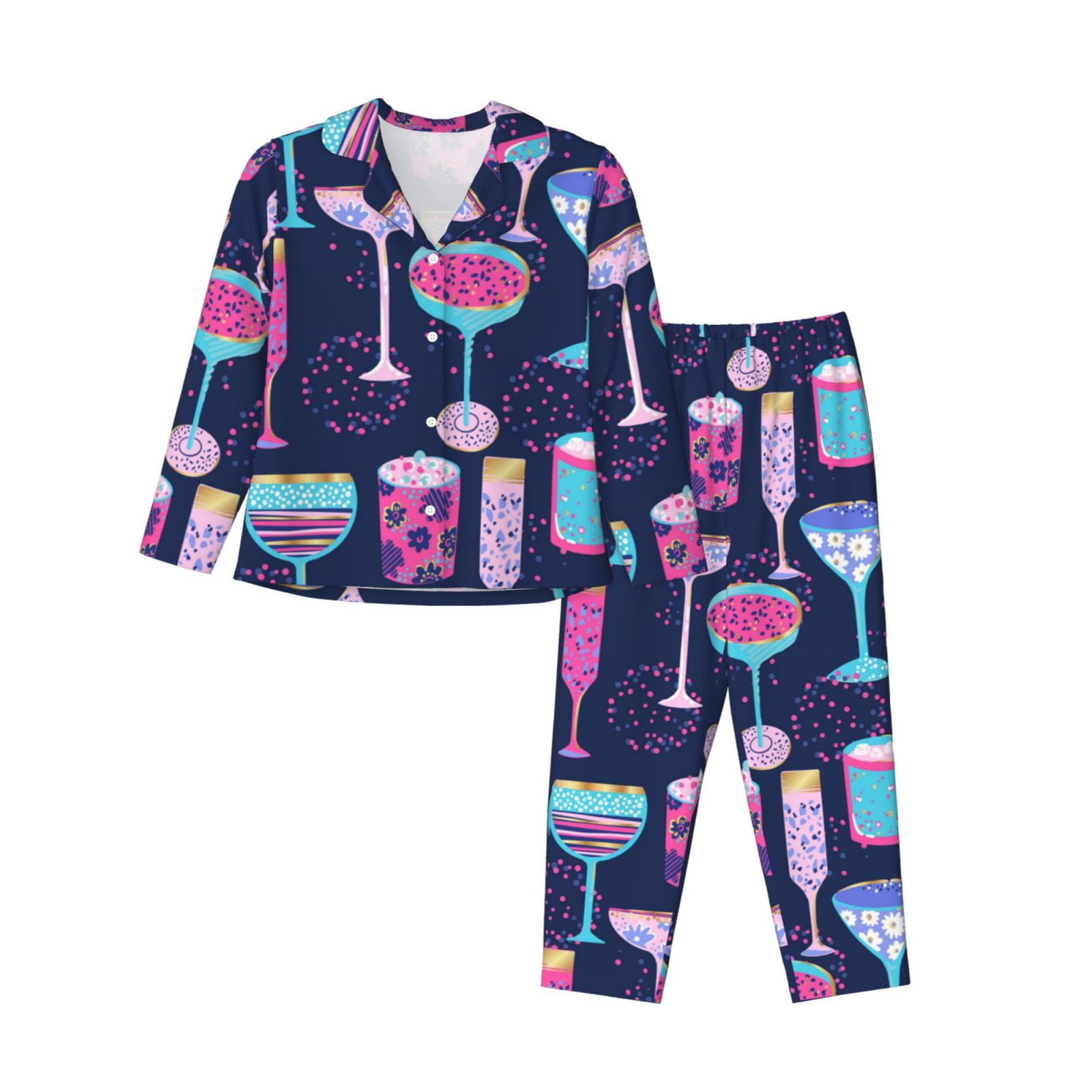 2 Piece Womens Pajama Sets - Wine Glasses And Cocktails Soft Sleepwear ...