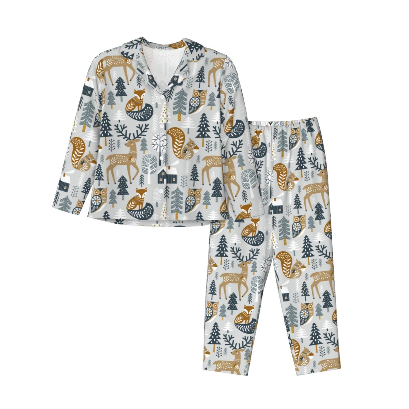 2 Piece Womens Pajama Sets - Winter Forest Animals Soft Sleepwear Comfy ...