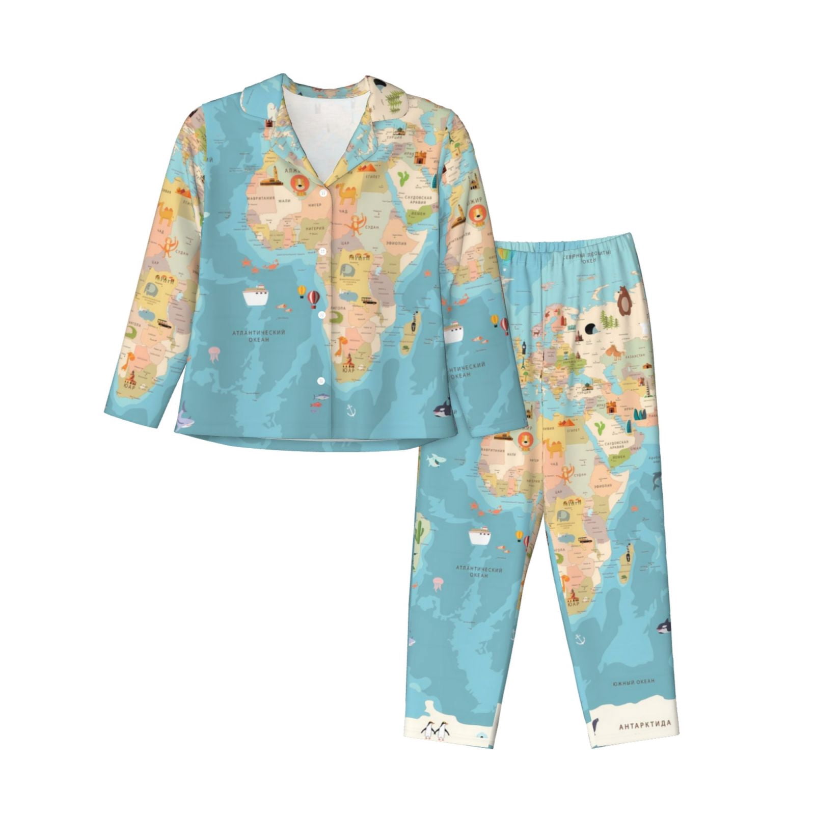 2 Piece Womens Pajama Sets - World Map With Animals 1 Soft Sleepwear ...