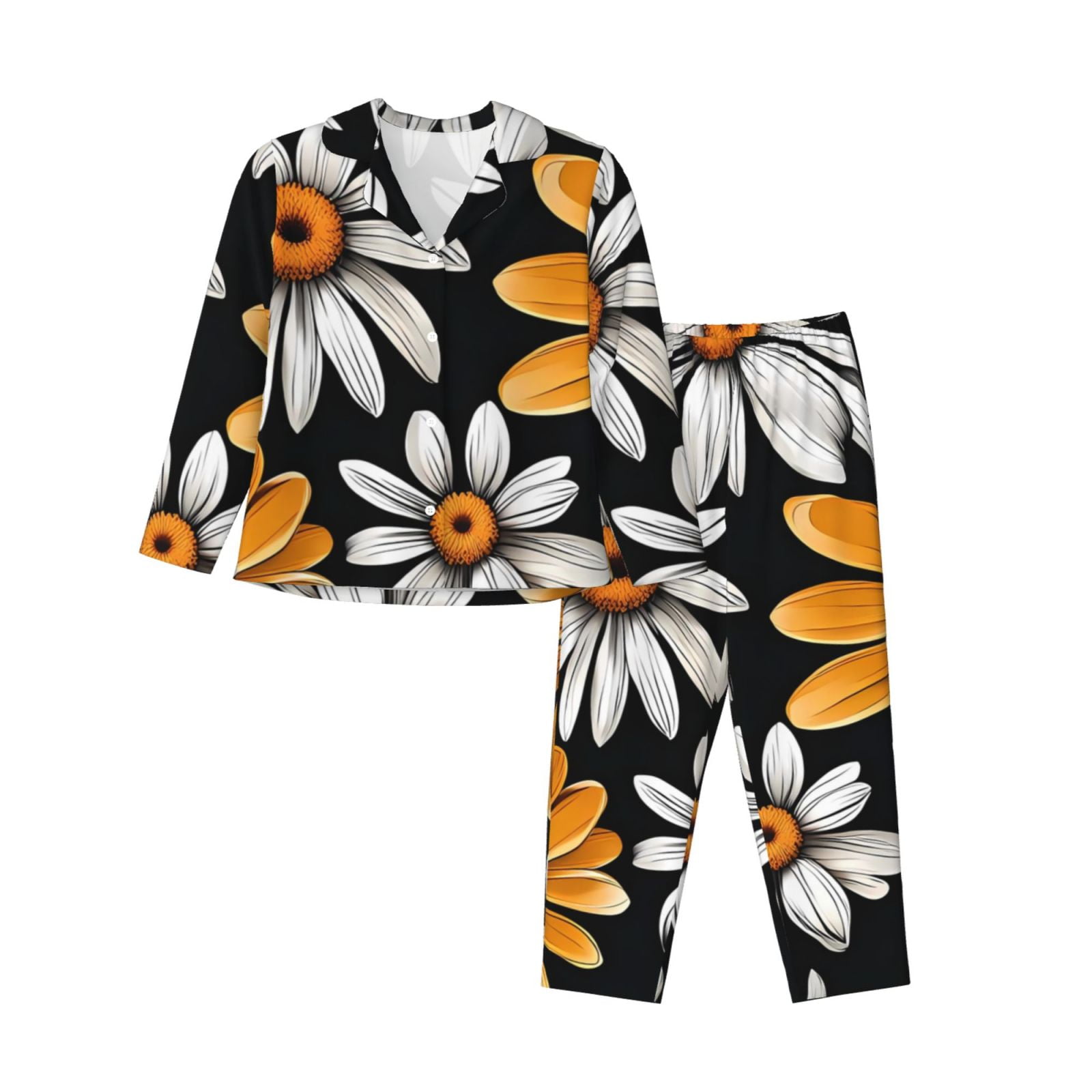 2 Piece Womens Pajama Sets - Yellow White Daisy Pattern Soft Sleepwear ...