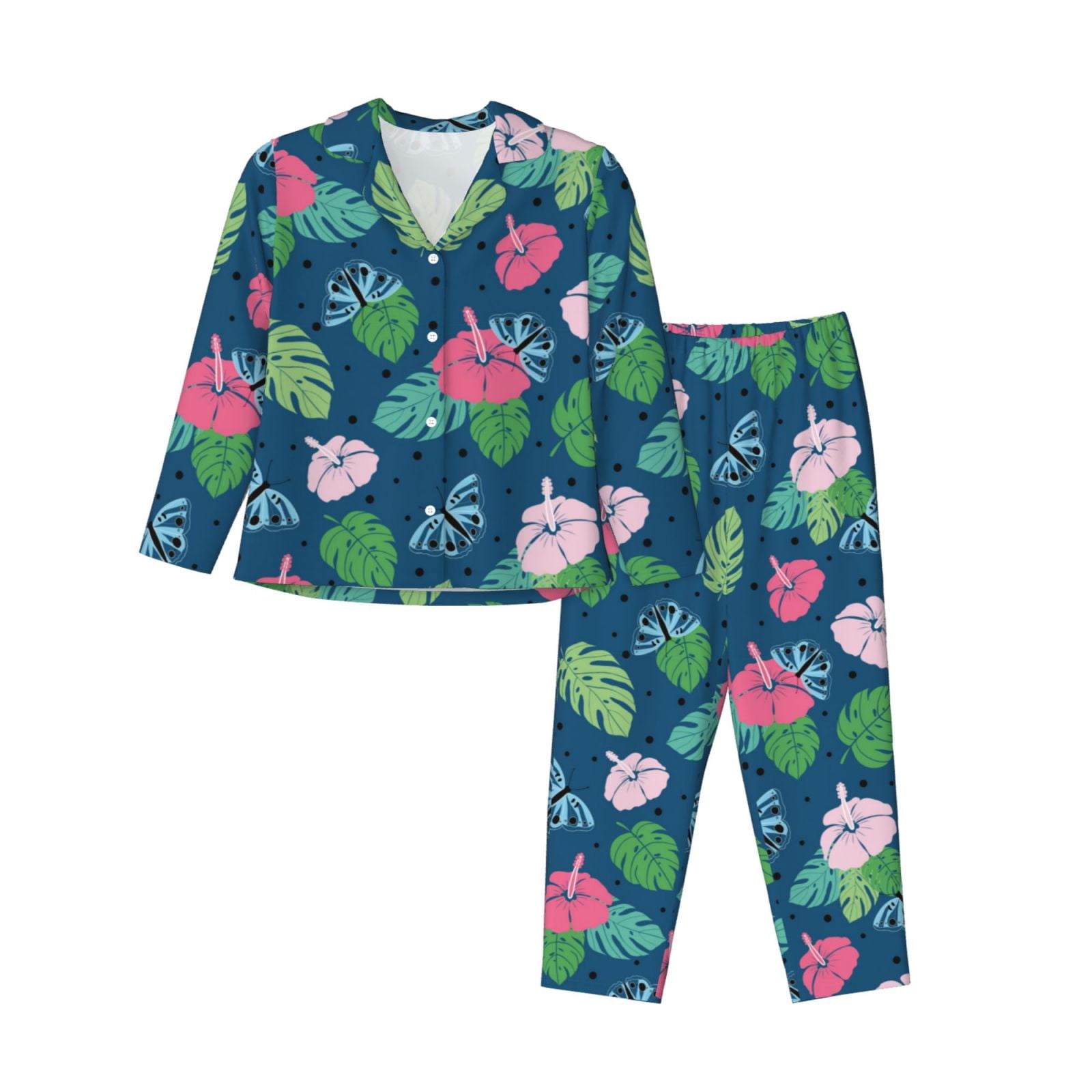 2 Piece Womens Pajama Sets - butterflies flower leaves Soft Sleepwear ...