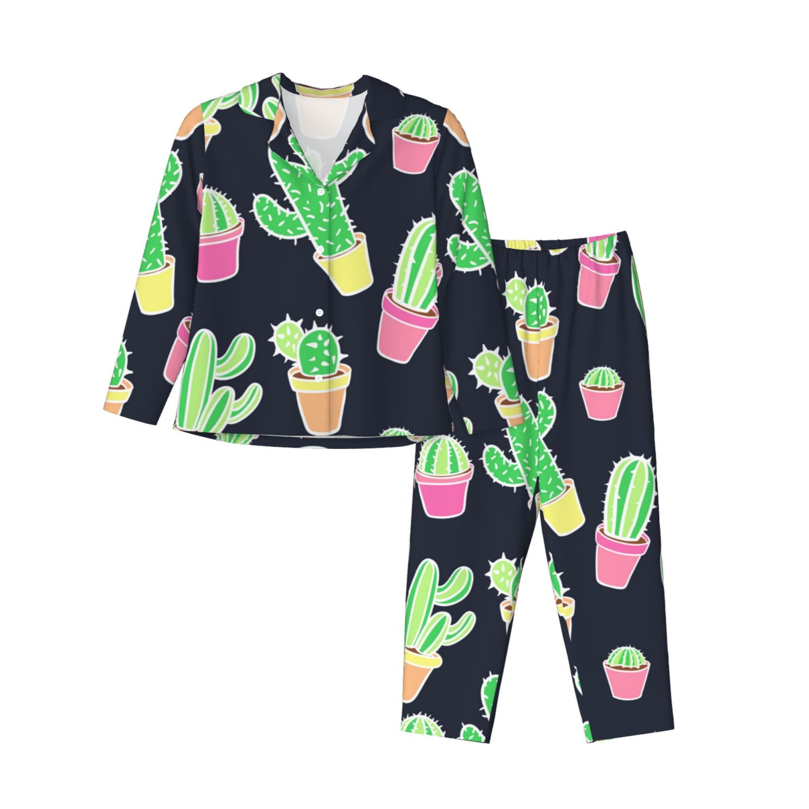2 Piece Womens Pajama Sets - cartoon Cactus potted plant Soft Sleepwear ...